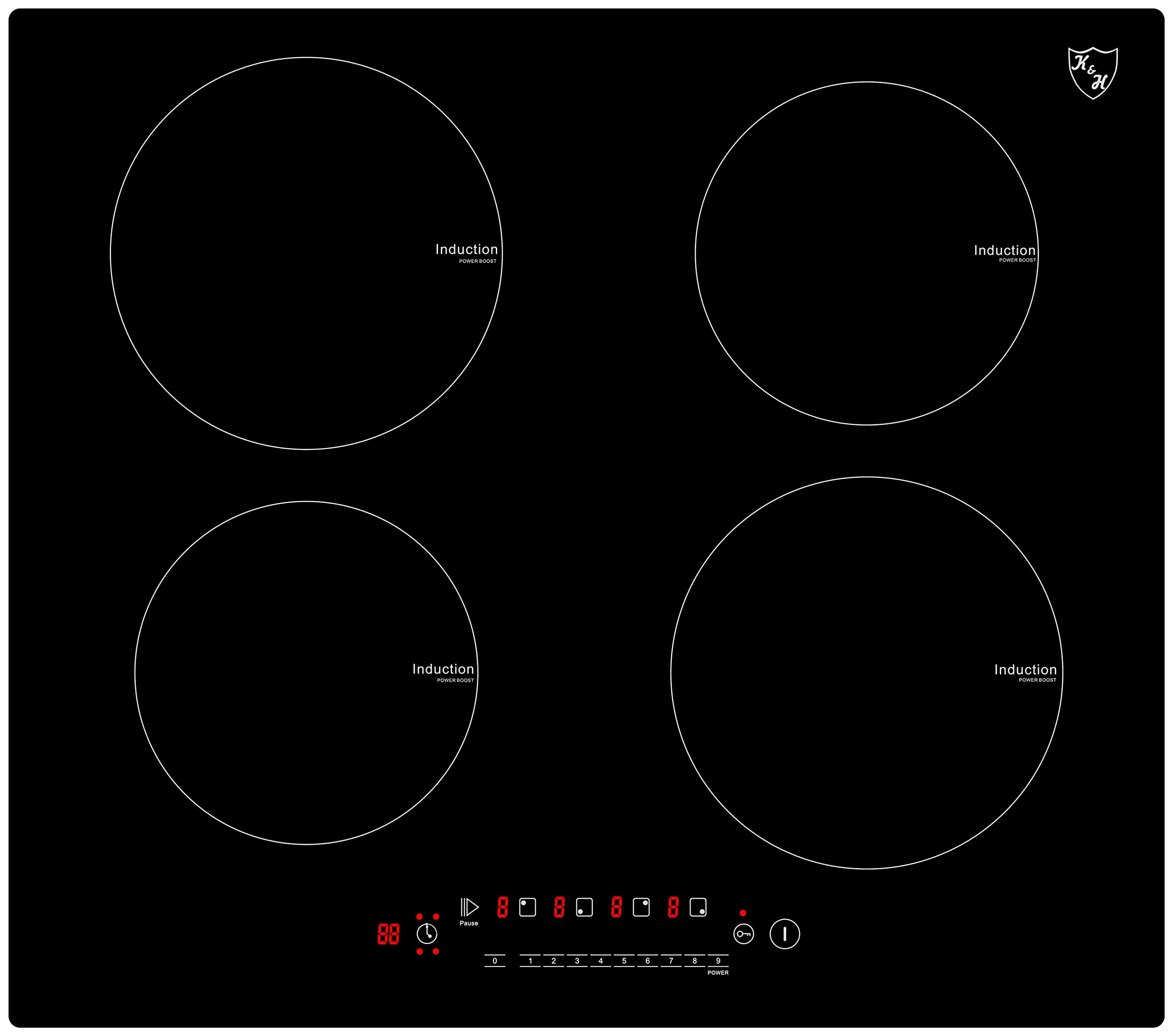 K&H 4 Burner 24 Inch Built-in Induction Electric Stove Top Ceramic Cooktop Touch Control 240V 6000W IN24-6004