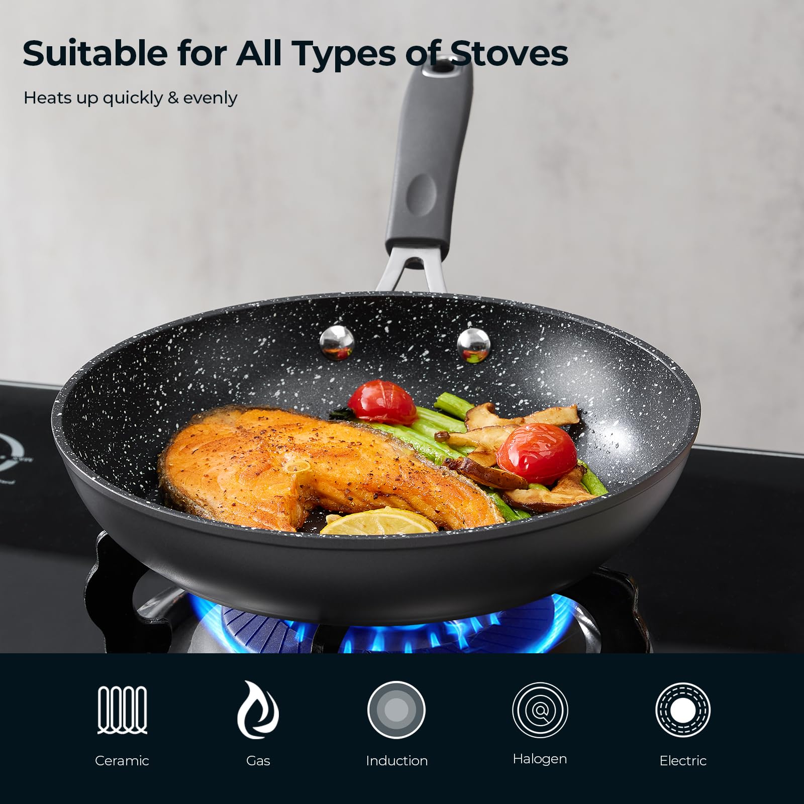 Induction Cookware Set, Pots and Pans Set 10-Piece, AMEGAT Nonstick Pan Set with Lids, Stay-Cool Silicone Handles, Frying Pans, Saucepans & Pot, for All Stoves