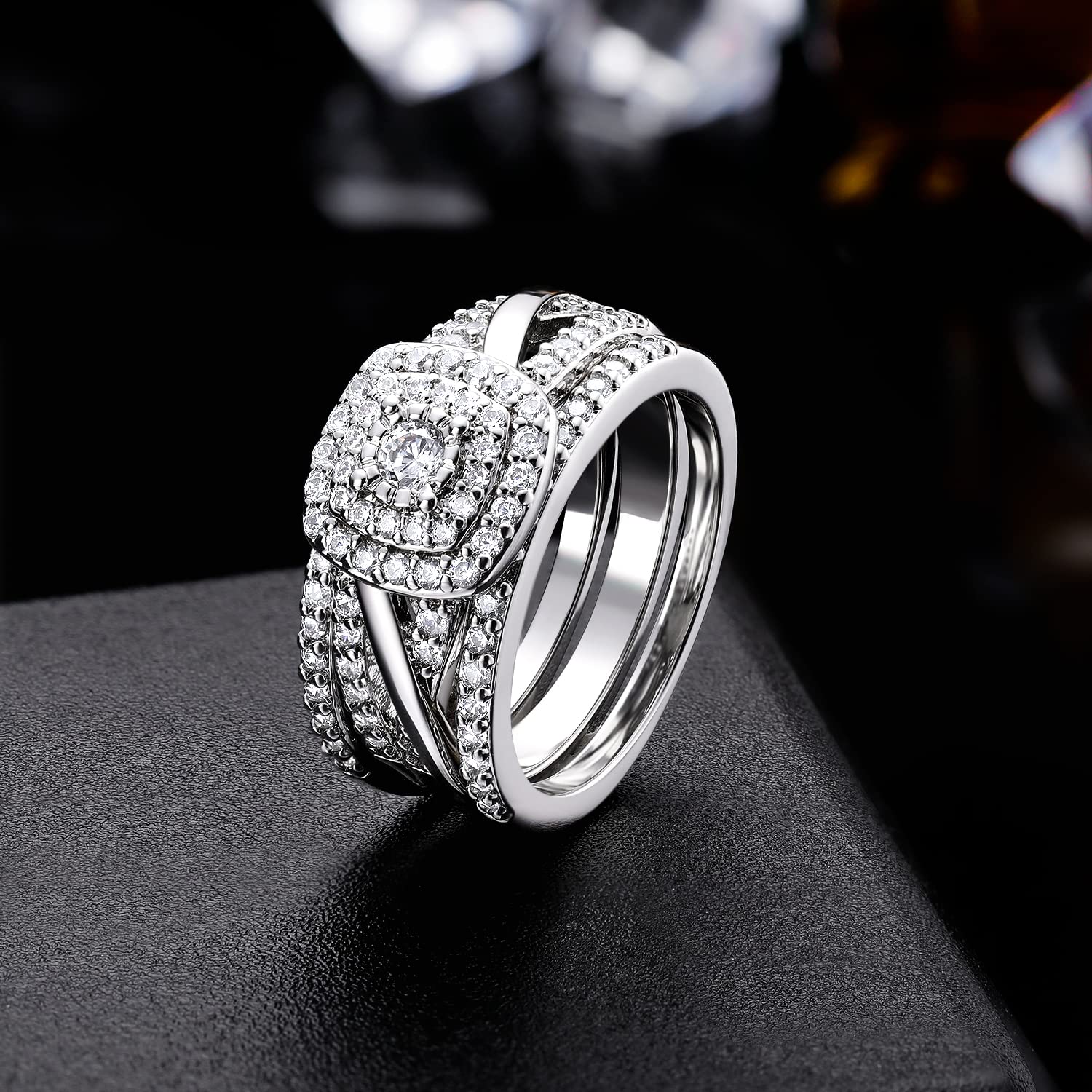 MDFUN Three-in-One Square Halo Wedding Band Set Engagement Ring 18K White Gold Plated Cubic Zirconia Promise Eternity Ring for Women Size 7