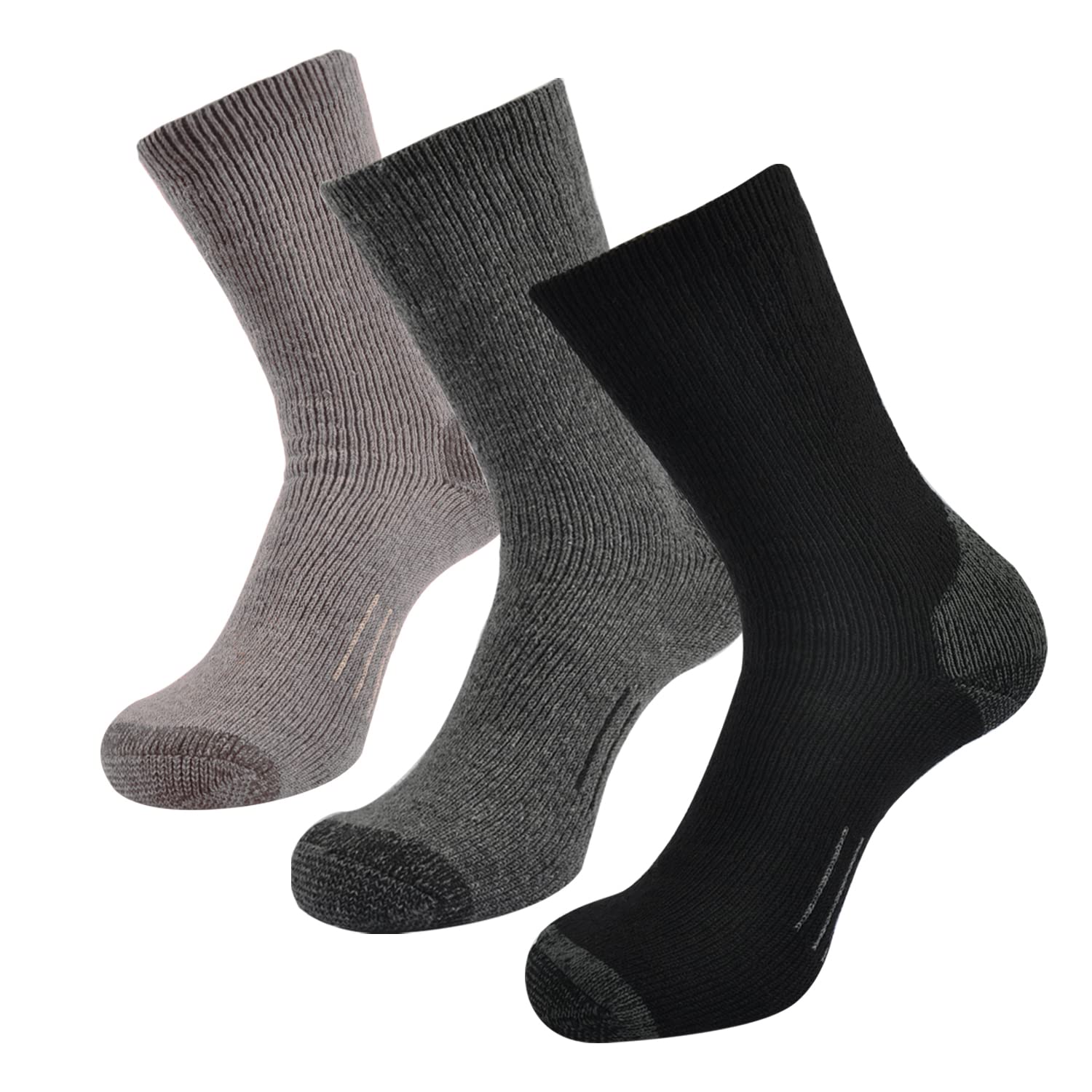 Marchare Merino Wool Socks Thermal Hiking Crew Socks With Cusioned Winter Warm Socks For Men Black/Light Grey/Dark Grey 3 Pack 6-10