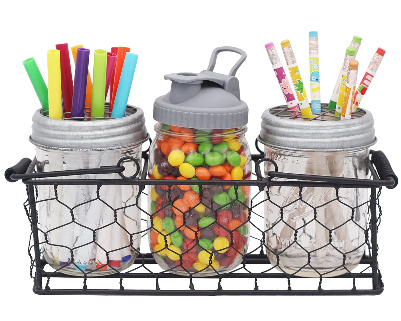 Mason Jar Lifestyle Caddy for 3 Pint Mason Jars in Chicken Wire with Wire Wrapped Handles