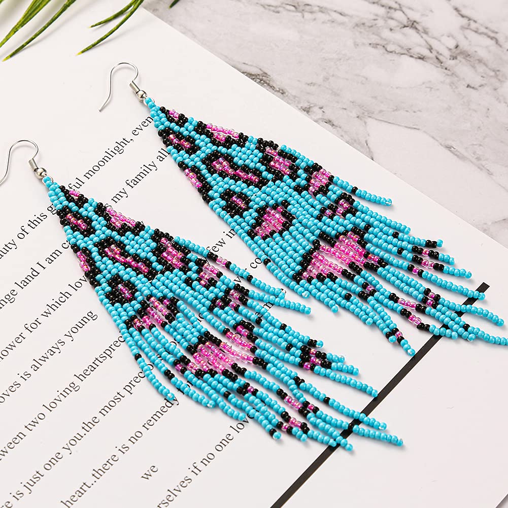 Long Beaded Leopard Print Earrings - Big Boho Statement Native Beaded Tassel Dangle Earrings for Women, Large Bohemian Handmade Seed Bead Fringe Earrings (Moon A)