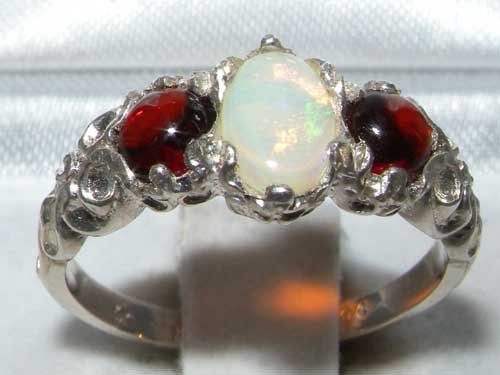 LetsBuyGold Ladies Solid Sterling Silver Natural Opal & Garnet English Victorian Trilogy Ring - Size 4.75