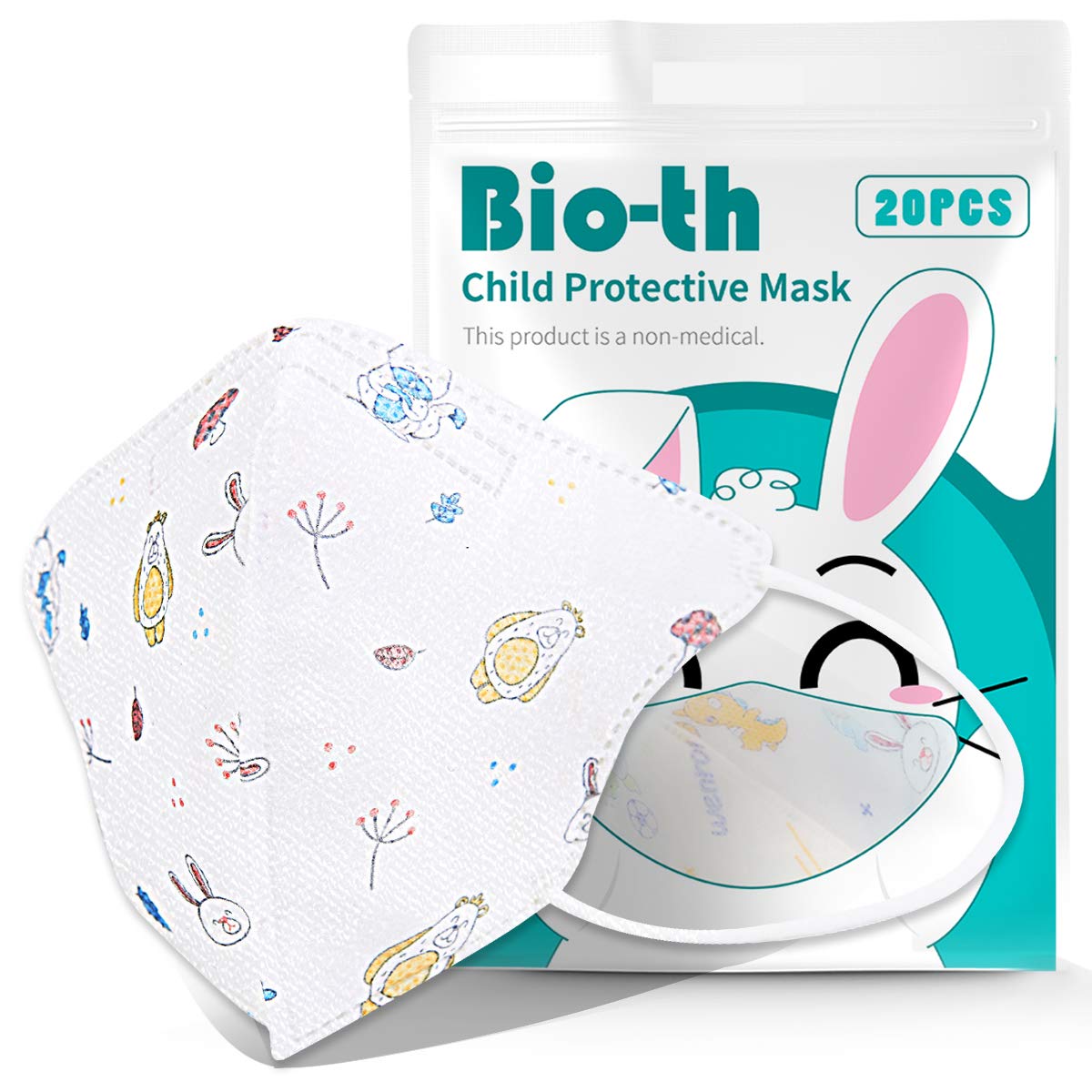 Kids Face Mask Individually Wrapped Reusable 20 Pack 4 Layers Cup Dust Face Masks for Kids Boys Girls (3-8 Years)