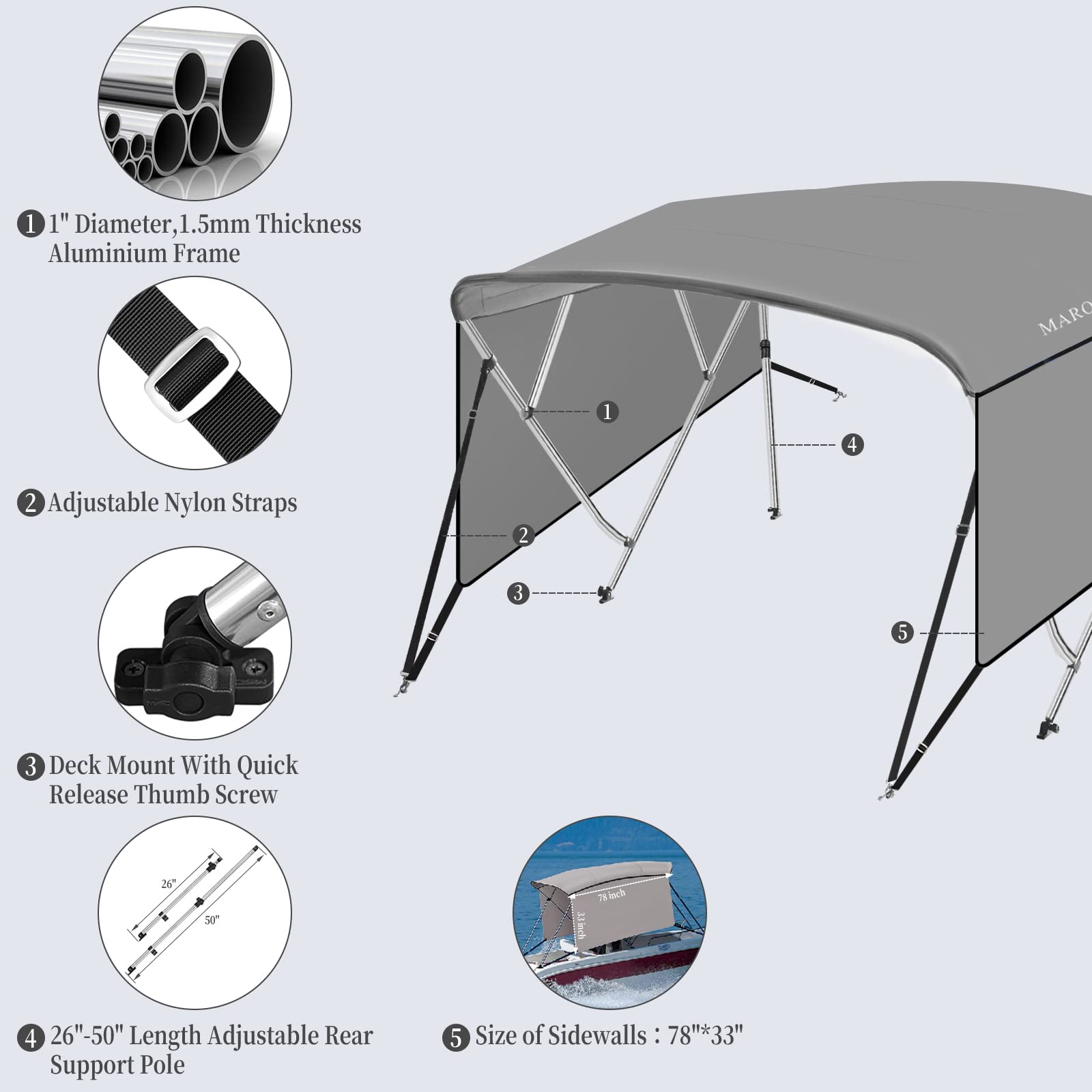 MAROUTE 3 Bow Bimini Top Boat Cover with 1” Aluminum Alloy Frame, Includes 2 Straps, 2 Adjustable Rear Support Poles with Zippered Storage Boot and PU Coating Canvas (6'L x 46" H x 67"-72" W, Grey)