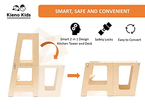 Learning Toddler Desk & Toddler Tower - Foldable 2 in 1 Kitchen Stool & Desk for Toddlers. Convenient Toddler Standing Tower, Converts Into a Toddler Table / Desk for Toddler (Natural Wood)