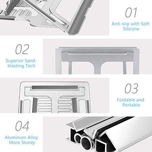 ivoler 2 in 1 Laptop Riser Stand, 6 Angles, 3 Folding Modes,Portable Ergonomic Angled Laptop Aluminum Stand Adjustable Height Laptop Holder with Slide-Proof Silicone for Laptop 10''~15.6'' (Silver)