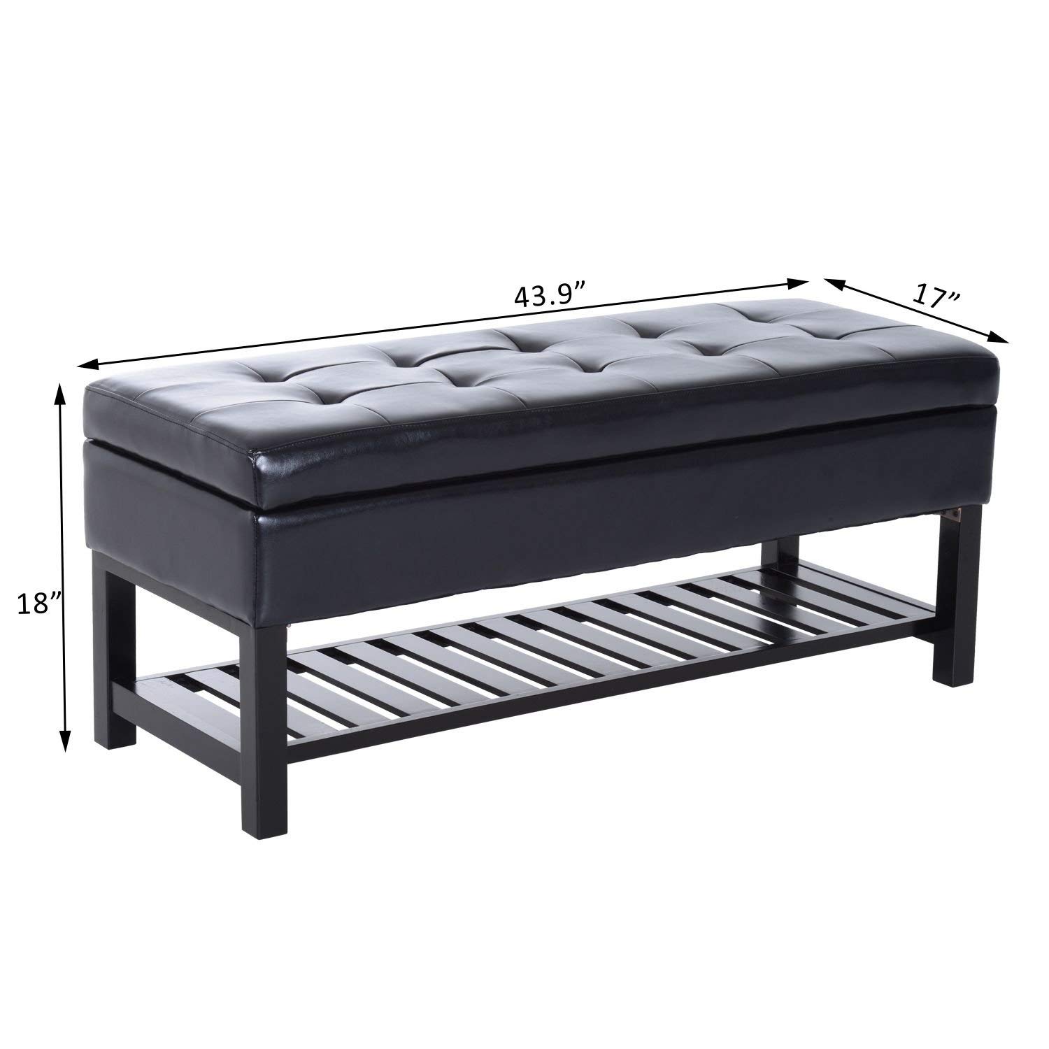 HOMCOM 44" Tufted Faux Leather Ottoman Storage Bench with Shoe Rack - Black