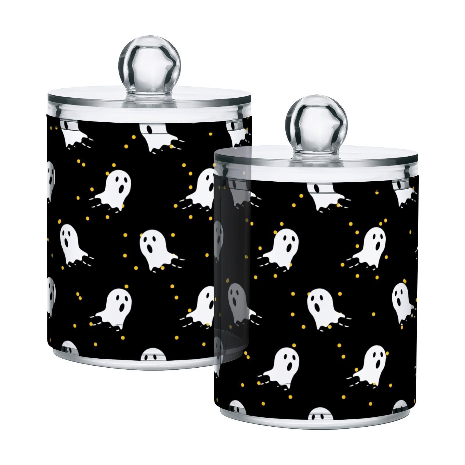 YETTASBIN Halloween Ghost Clear Plastic Apothecary Jars 2 Pack, 14 oz Qtip Holder Dispenser with Lid, Clear Bathroom Storage Canister for Cotton Ball, Cotton Swab