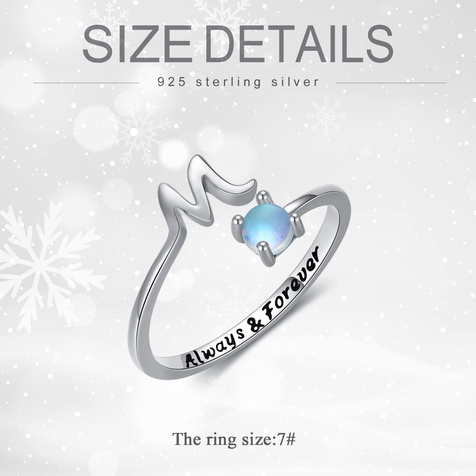 LELOUCHY Letter M Ring 925 Sterling Silver Adjustable Initial Moonstone Ring for Women Women