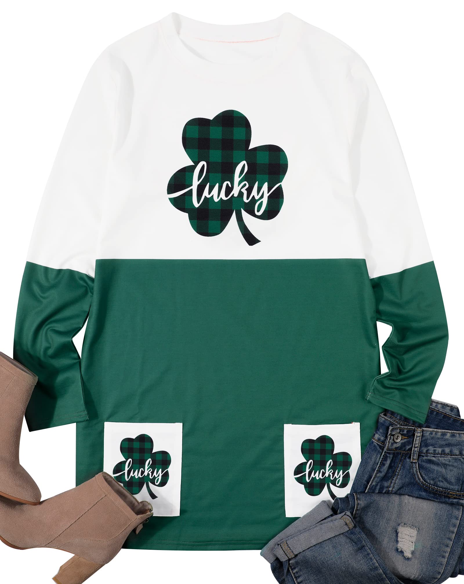 MOUSYA St Patrick's Day Dress Shirt Women Clover Heart Long Sleeve Tops Plus Size Color Block Sweatshirt with Pockets