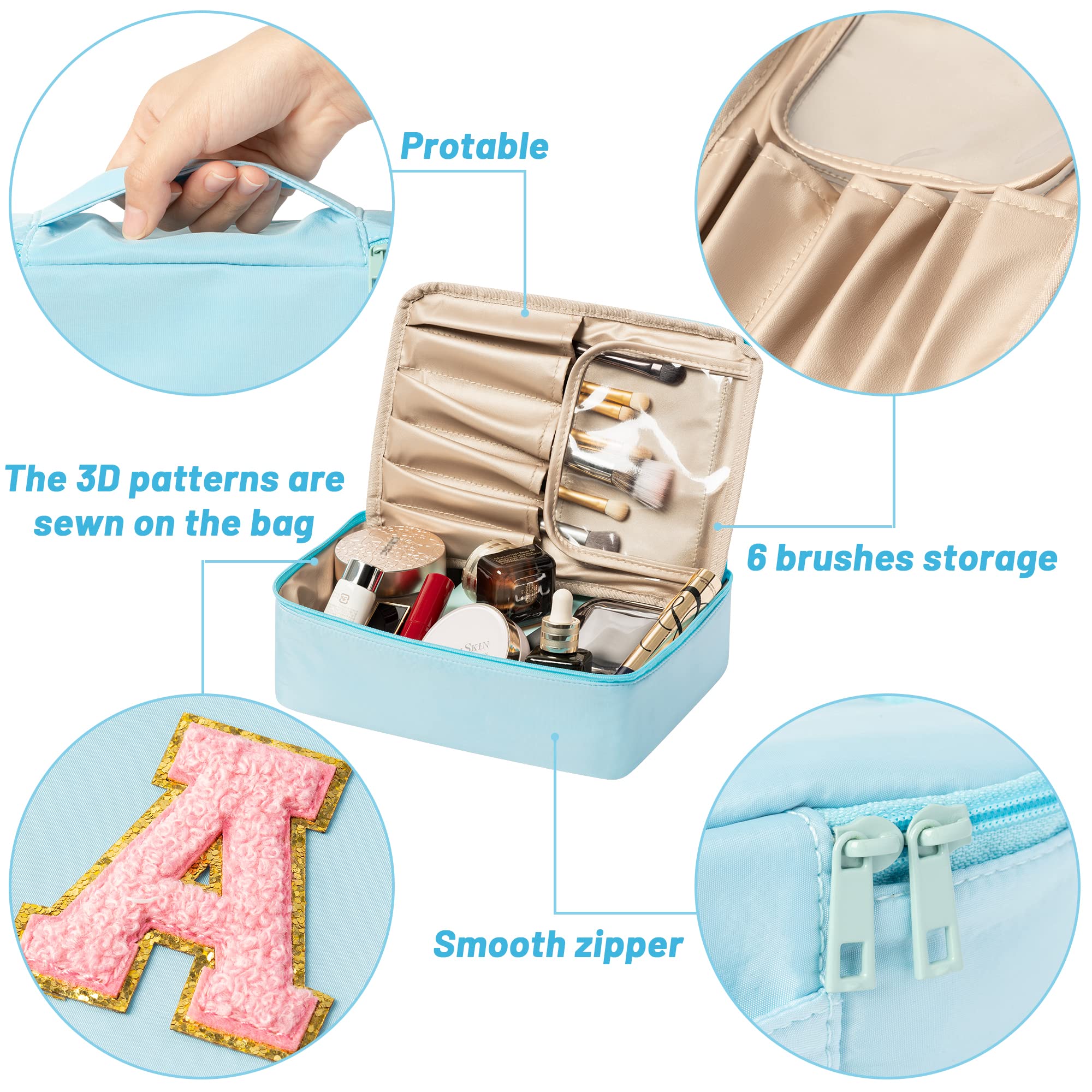 Preppy Patch GLAM Makeup Bag Cosmetic Bag Travel Toiletry Bag Large Brush Bags Case Multifunction Organizer Make Up Bag Reusable Toiletry Bag(Blue)