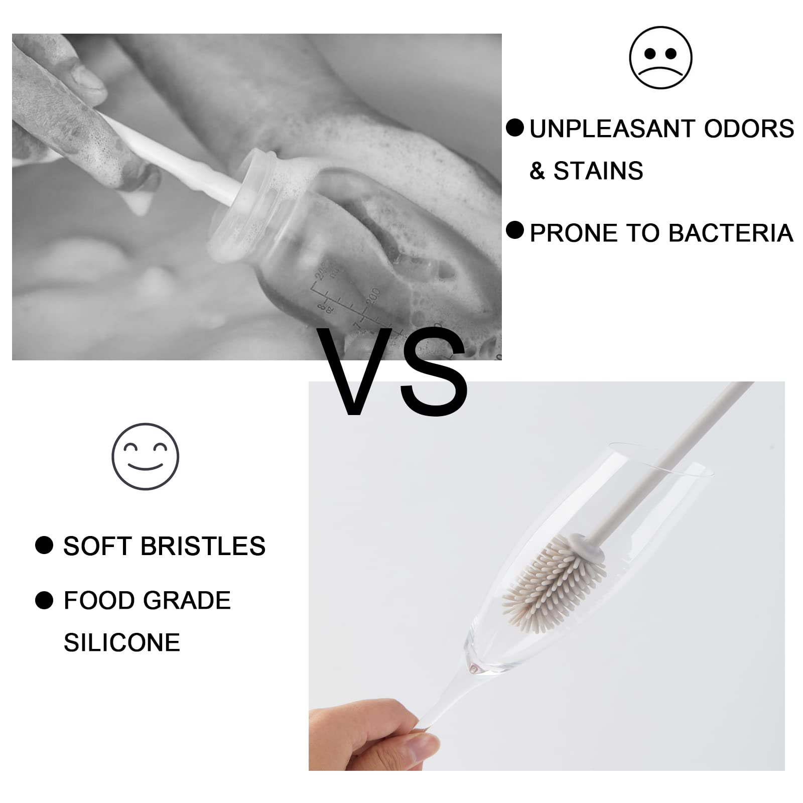 Obsoorth Silicone Bottle Brush Extra Long Handle Food Grade 360 Rotating Glassware Cleaner for Washing Baby Nipple, Narrow Neck Containers (15", Gray)
