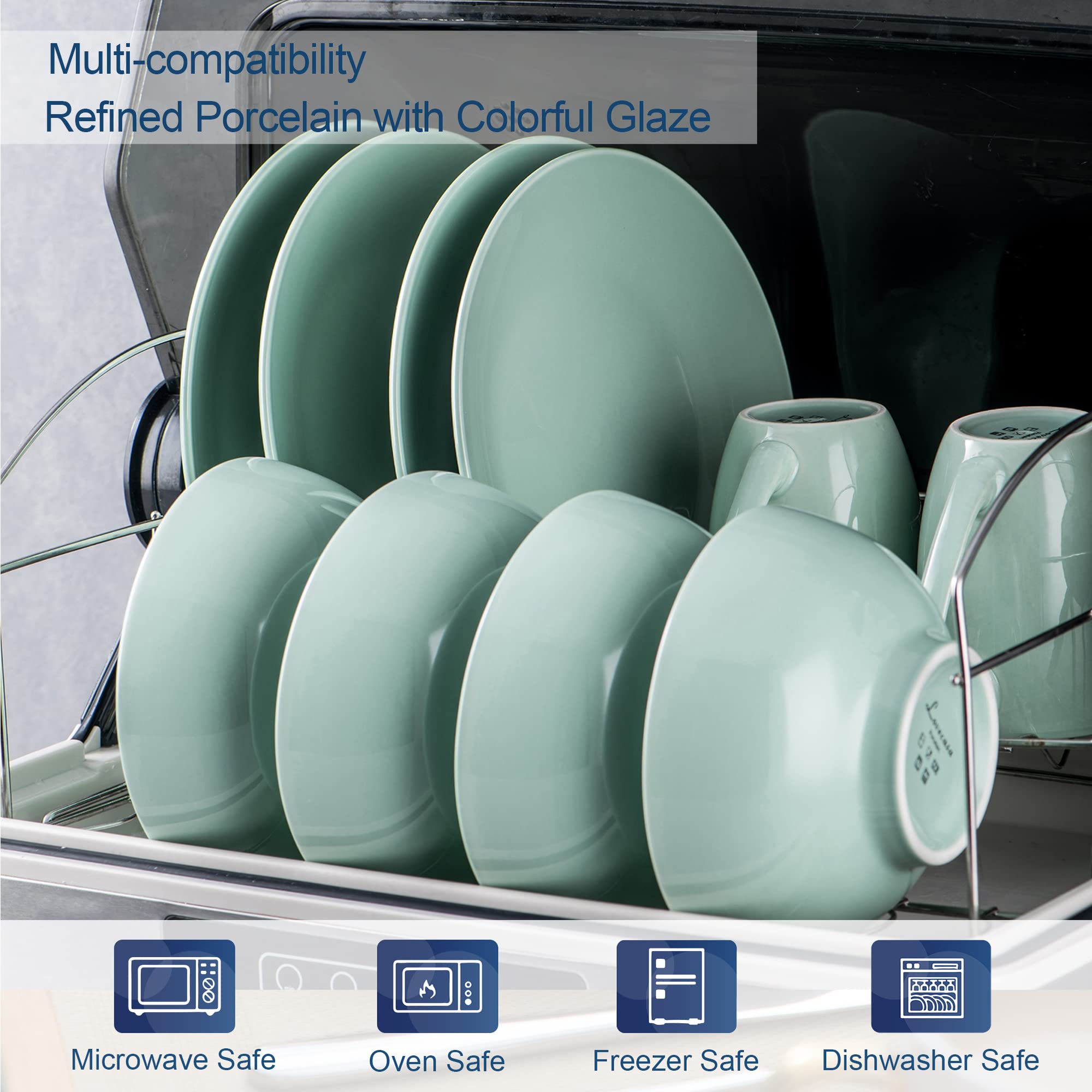 LOVECASA Dinnerware Sets for 4, 16-Piece Green Dishes Set, Porcelain Plates and Bowls Sets with Dinner Plates, Dessert Plates, Bowls and Mugs, Microwave Dishwasher Safe, Light Green