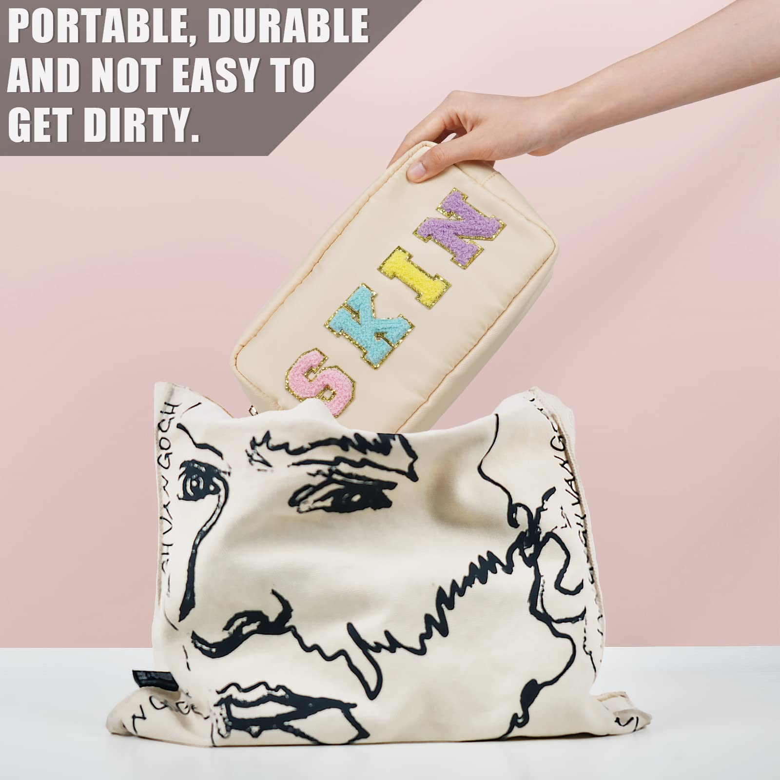 Preppy Patch Makeup Bag-Nylon Cosmetic Preppy Makeup Stuff Bag with Zipper-Varsity Chenille Letter Makeup Travel Organizer Valentines Bag that Kid Valentines Day present for Her and Him