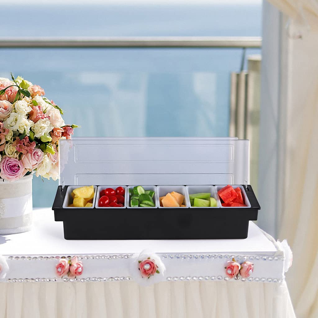 MOLIGOU Ice Cooled Condiment Container, 6 Compartments Garnish Tray with Lid, Fruit Veggie Condiment Caddy for Party, Bar