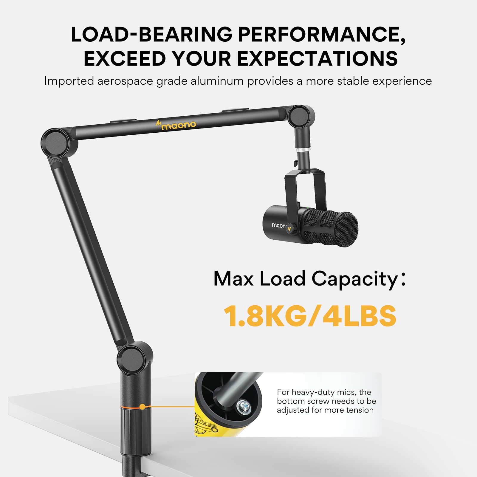 Maono Microphone Boom Arm, [ Sturdy & Stable] [Adjustable 360°]Rotatable Mic Boom Arm Stand with 3/8" to 5/8" Adapter, Heavy Duty Microphone Stand for Radio Studio, Podcast, Gaming (BA90)