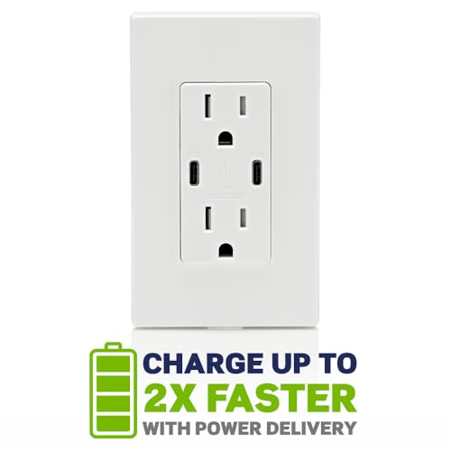 Leviton T5636-W 60W USB Dual Type-C Power Delivery In-Wall Charger with 15A Outlet, USB Charger for Laptops, Smartphones, Tablets, and More, White