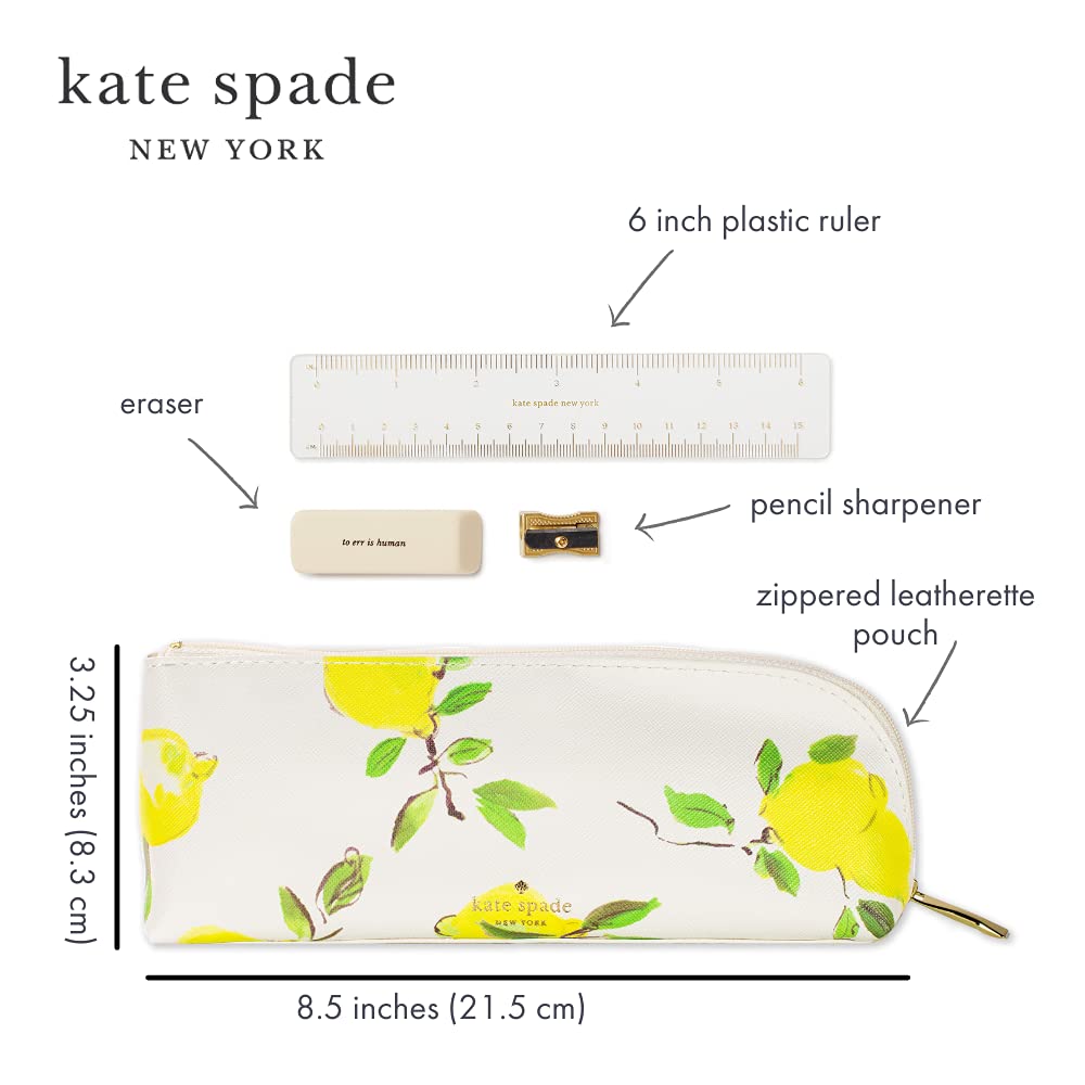 Kate Spade New York Pen and Pencil Case with Ruler, Sharpener, and Eraser, Zipper Pouch Organizer for Office Supplies, Lemons