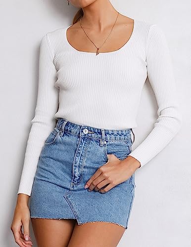 ZESICA Women's 2023 Long Sleeve Square Neck Shirts Fall Clothes Slim Fitted Ribbed Knit Sweater Basic Tee Tops,White,Large