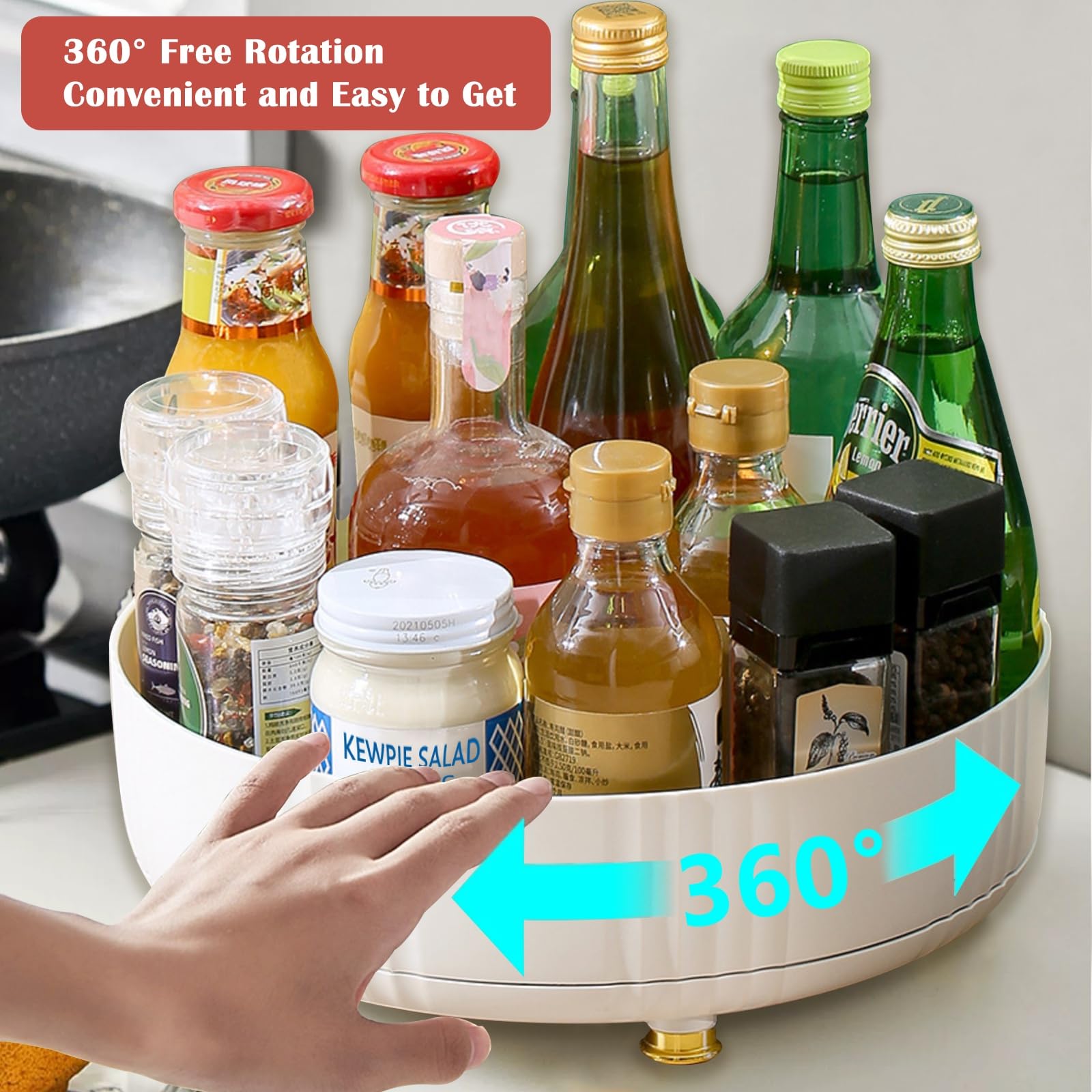 Lazy Susan Organizer for Cabinet, 360 Degree Rotating Lazy Susan Turntable, Upgraded Stable Plastic Container Tray, Seasoning Organizer, Big Spice Organizer Rack for Kitchen, Pantry