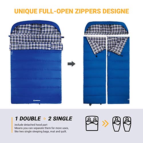 KingCamp Camping Double Sleeping Bags, 3 Season Cotton Flannel Lining Double Layer Sleeping Bag 2 Person Couple Waterproof Lightweight Backpacking Hiking Outdoors with Pillow and Carry Bag Queen Size