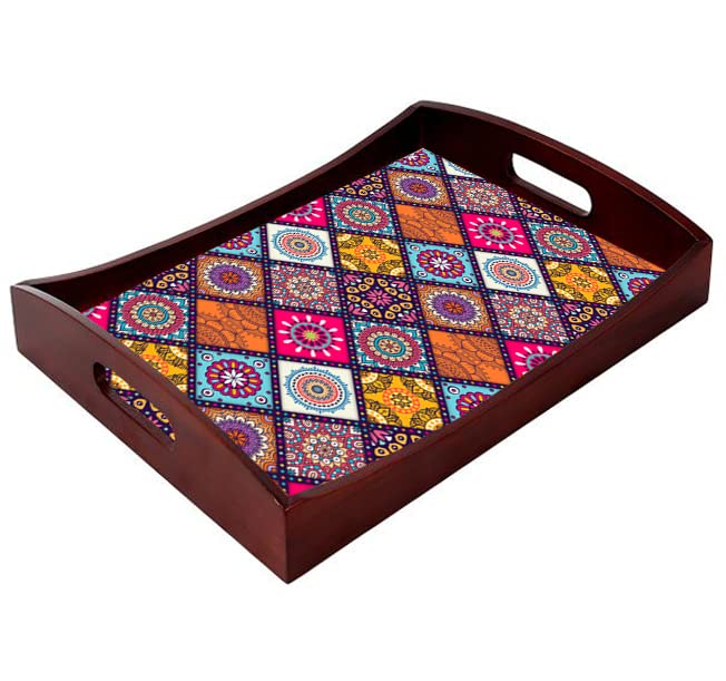 Mandala Printed Wood Serving Tray with Handles, Wooden Serving Tray, Snack Tray, Breakfast Tray, Great for, Breakfast, Coffee Tables, Homes, Restaurant Size- 15" x 10" x 1.75"