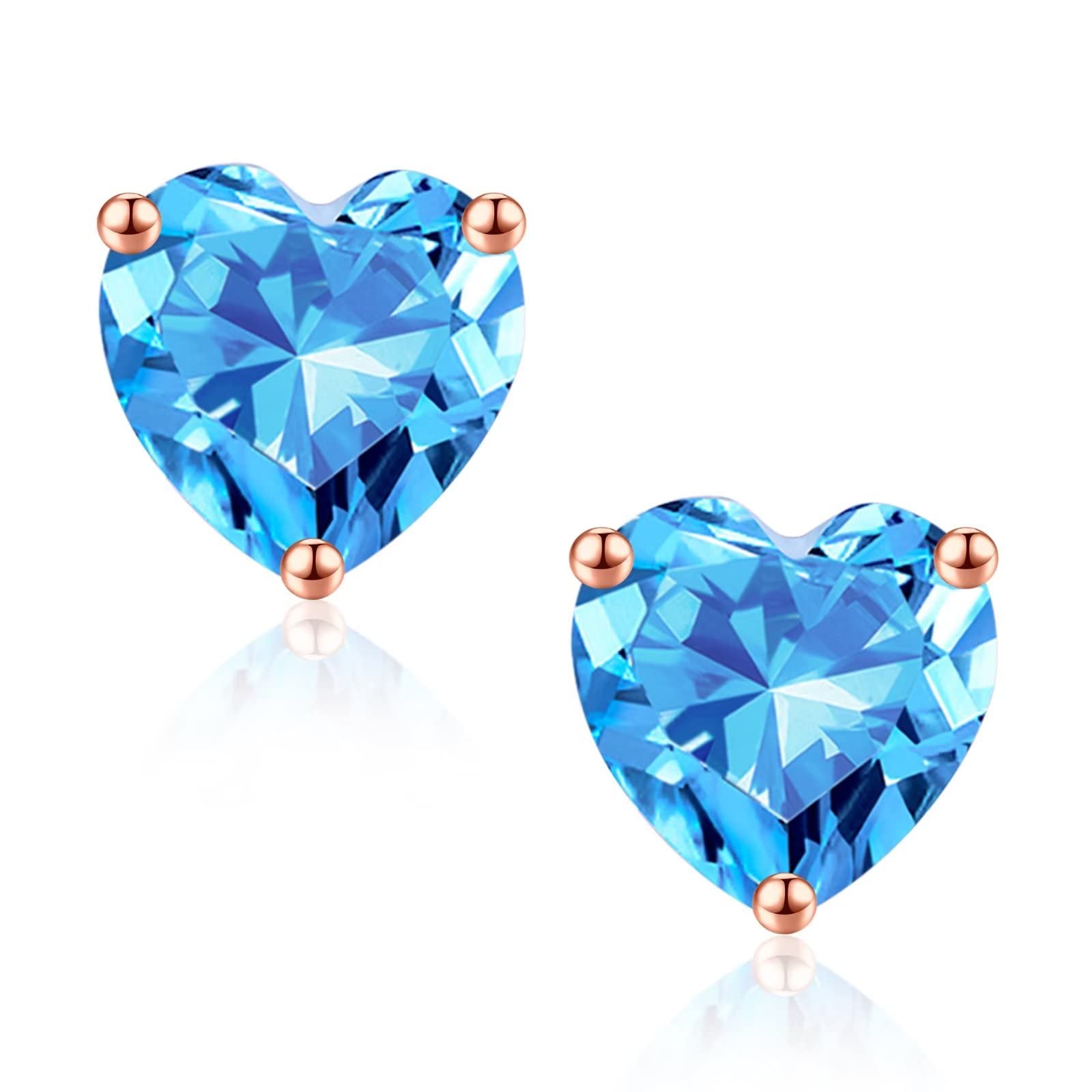 March Birthstone Aquamarine Earrings for Women, 925 Sterling Silver Heart Stud Rose Gold Earrings for Women Blue Earrings Jewelry Mothers Day Valentines Christmas Birthday Gifts for Women Her