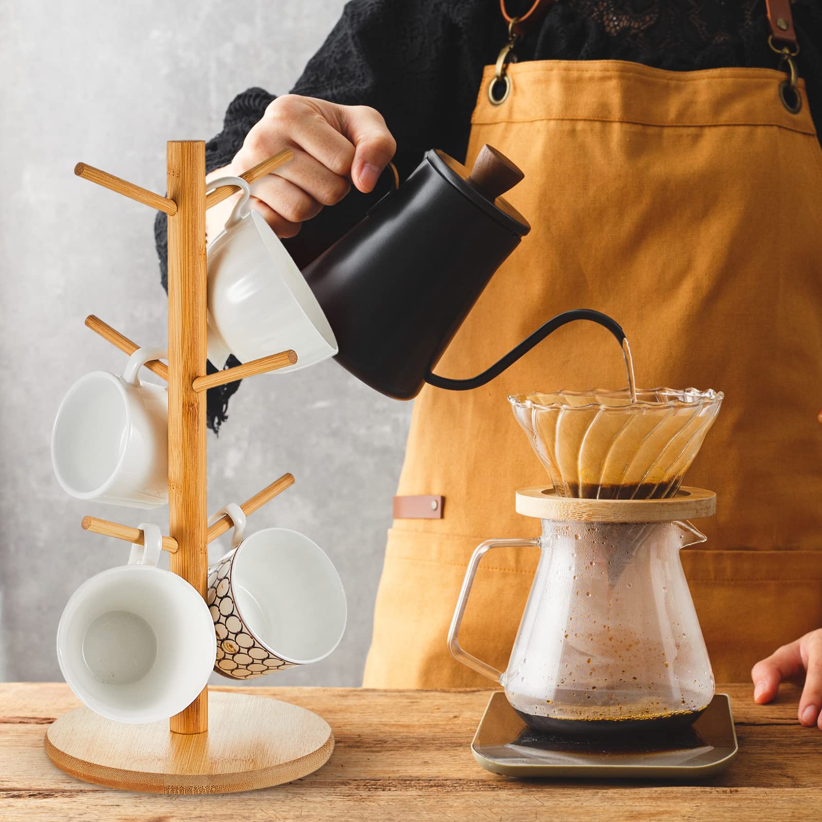 Kathfly 2 Pcs Coffee Mug Tree Mug Rack Cup Holders for Counter with 6 Hooks Bamboo Removable Mug Stand Hanger for Counter Shelf Cabinet Kitchen Coffee Bar