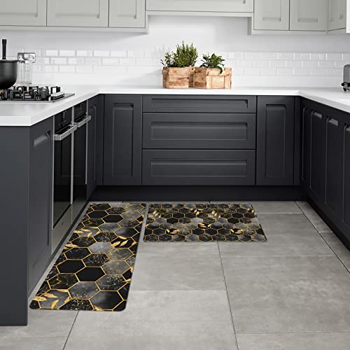 Marble 2 PCS Cushioned Antifatigue Kitchen Mats and Rugs,Black Gold Grey Grid Irregular Comb Plaid Geometric Floor Bath Door Mat Doormat Accent Runner Carpet Washable Comfort Standing Mat 18,48