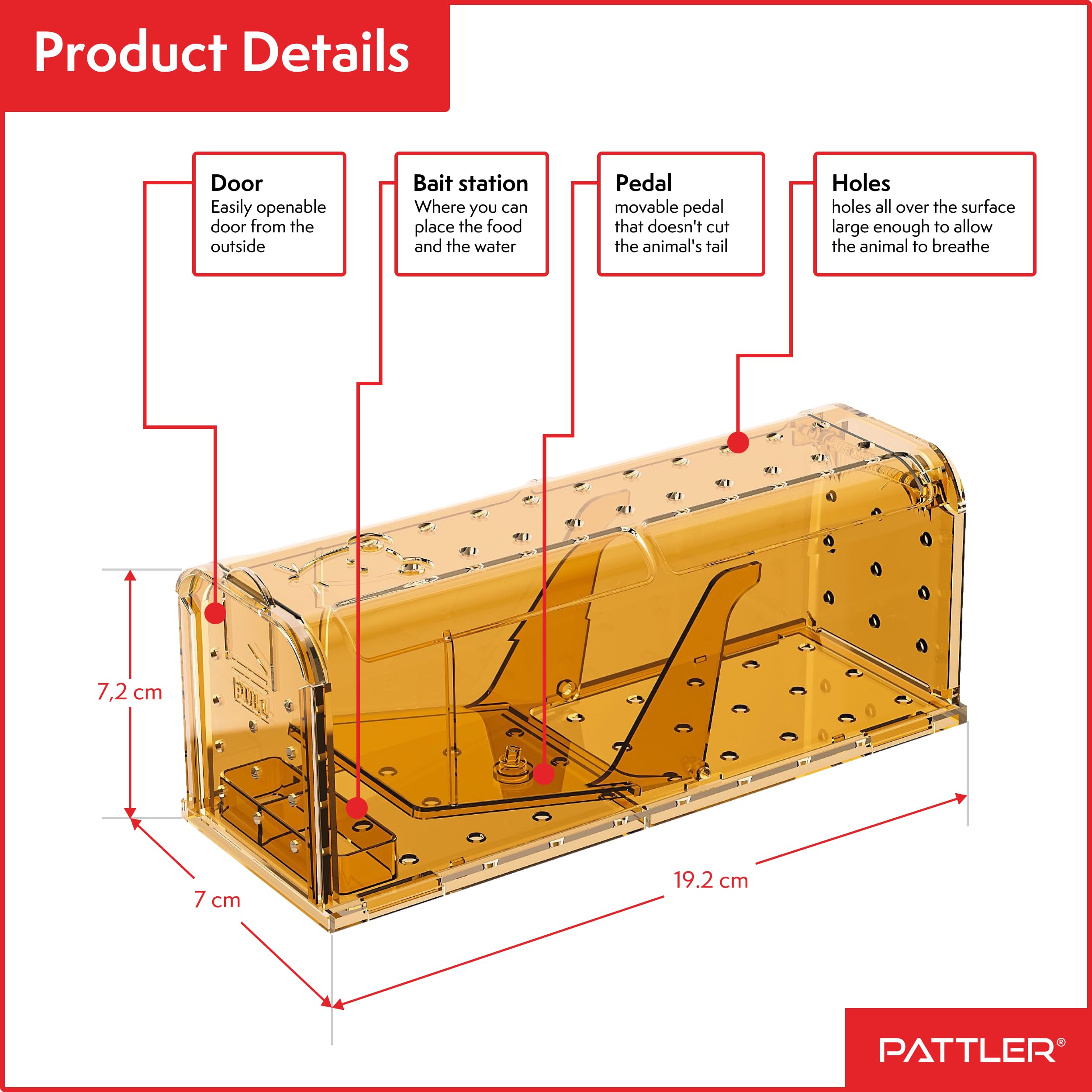 PATTLER® | 2 New Large Humane Mouse Trap for Indoor and Outdoor Home | Mechanical Reusable Live Mouse Traps Catch and Release Mice from Garden, Garage, Attic, Inn, Hotel | Orange | Pack of 2
