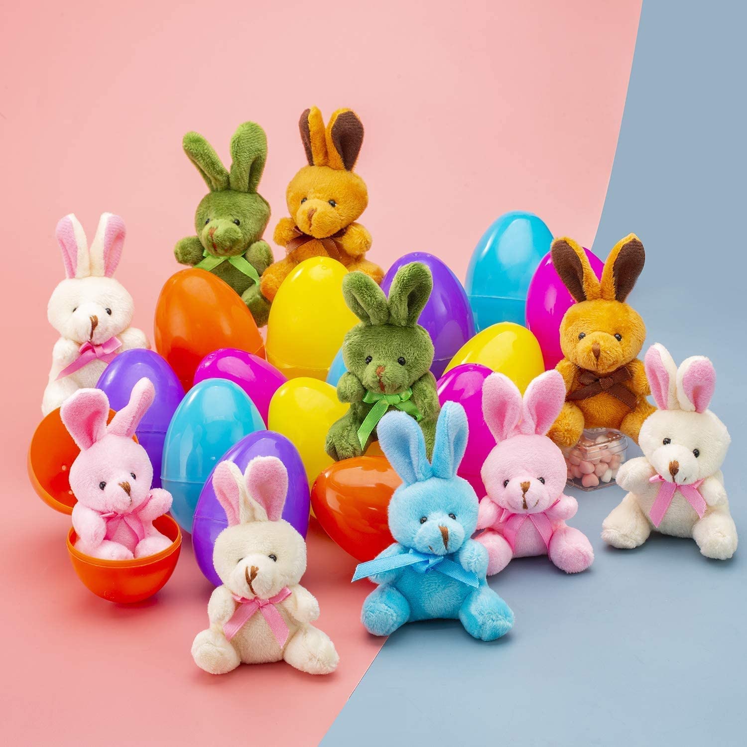 Movpct 15 PCS Filled Easter Eggs with Plush Bunny, 3.2" Bright Colorful, Prefilled with Variety 4.5"