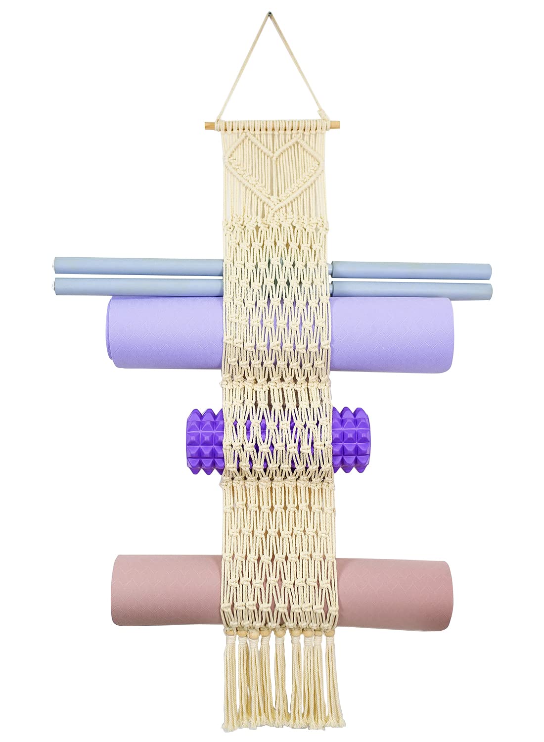 Macrame Yoga Mat Holder Wall Mount Yoga Mat Foam Roller Wall Hanging Rack for Yoga Mat Storage Organizer with 3 Sizes Easy Access Pocket Boho Gym Home Decor
