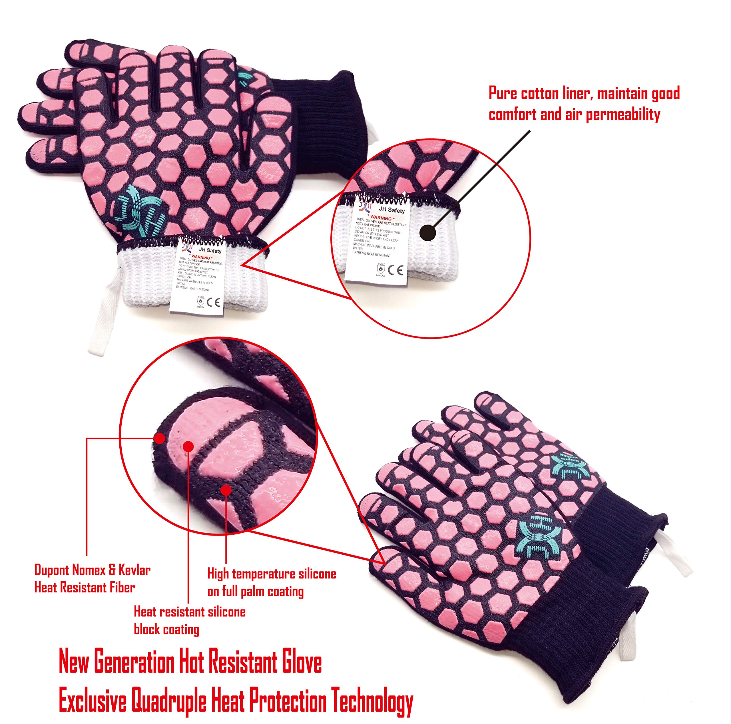 J H Heat Resistant Oven Mitts: EN407 Certified 932 °F, 2 Layers Silicone Coating, Black Shell with Coral Coating, BBQ & Oven Gloves for Cooking, Kitchen, Fireplace, Grilling, 1 Pair, Women Fits All