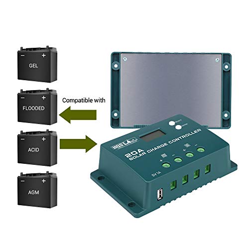 HQST 20A Charge Controller PWM 12V/24V Positive Ground Solar Panel Controller with LCD Display USB Port Overload Protection, Compatible with Gel, Flooded and Sealed Lead Acid/AGM Batteries