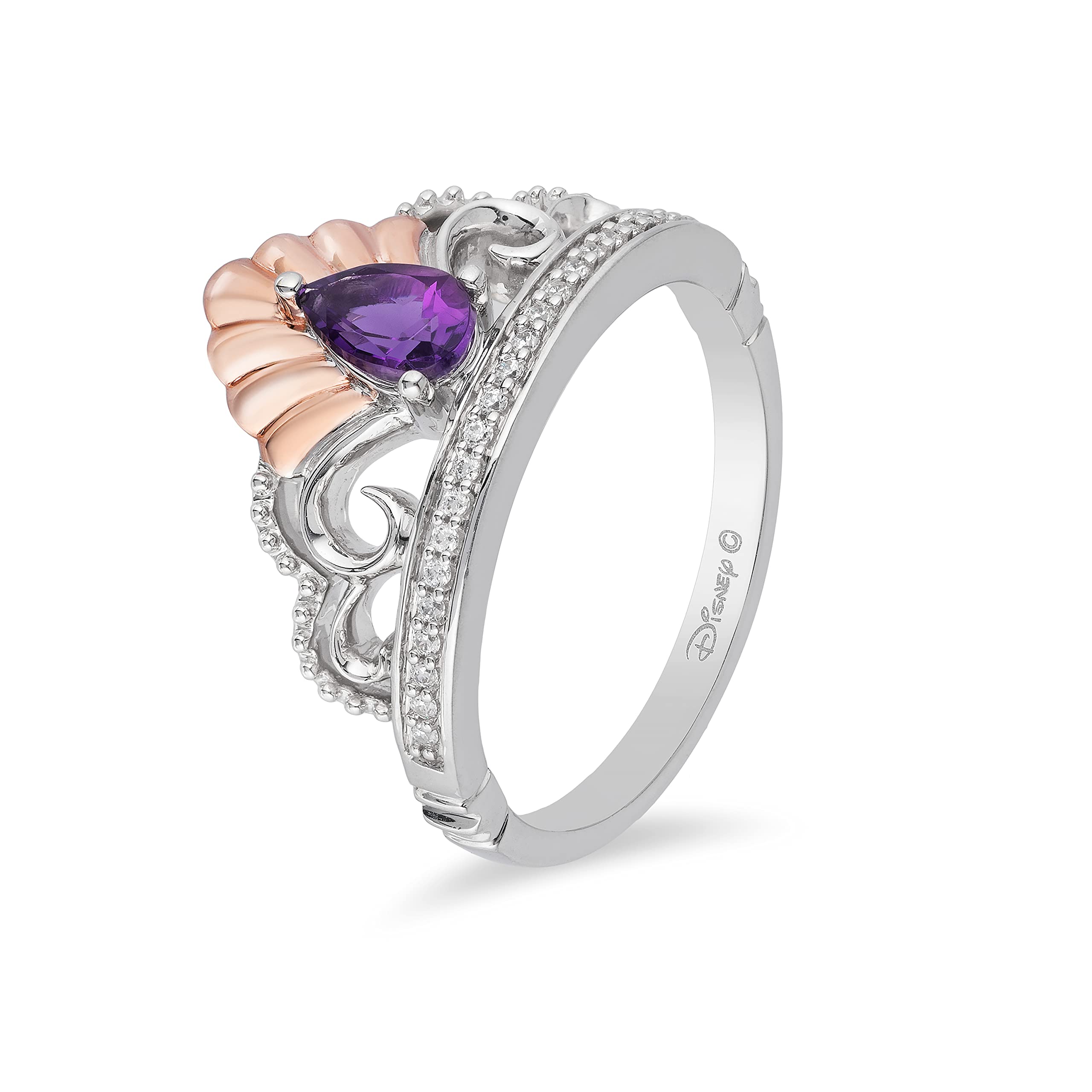 Jewelili Enchanted Disney Fine Jewelry Sterling Silver and 10K Rose Gold with 1/10cttw Diamonds and Amethyst Ariel Shell Tiara Ring, Size 9