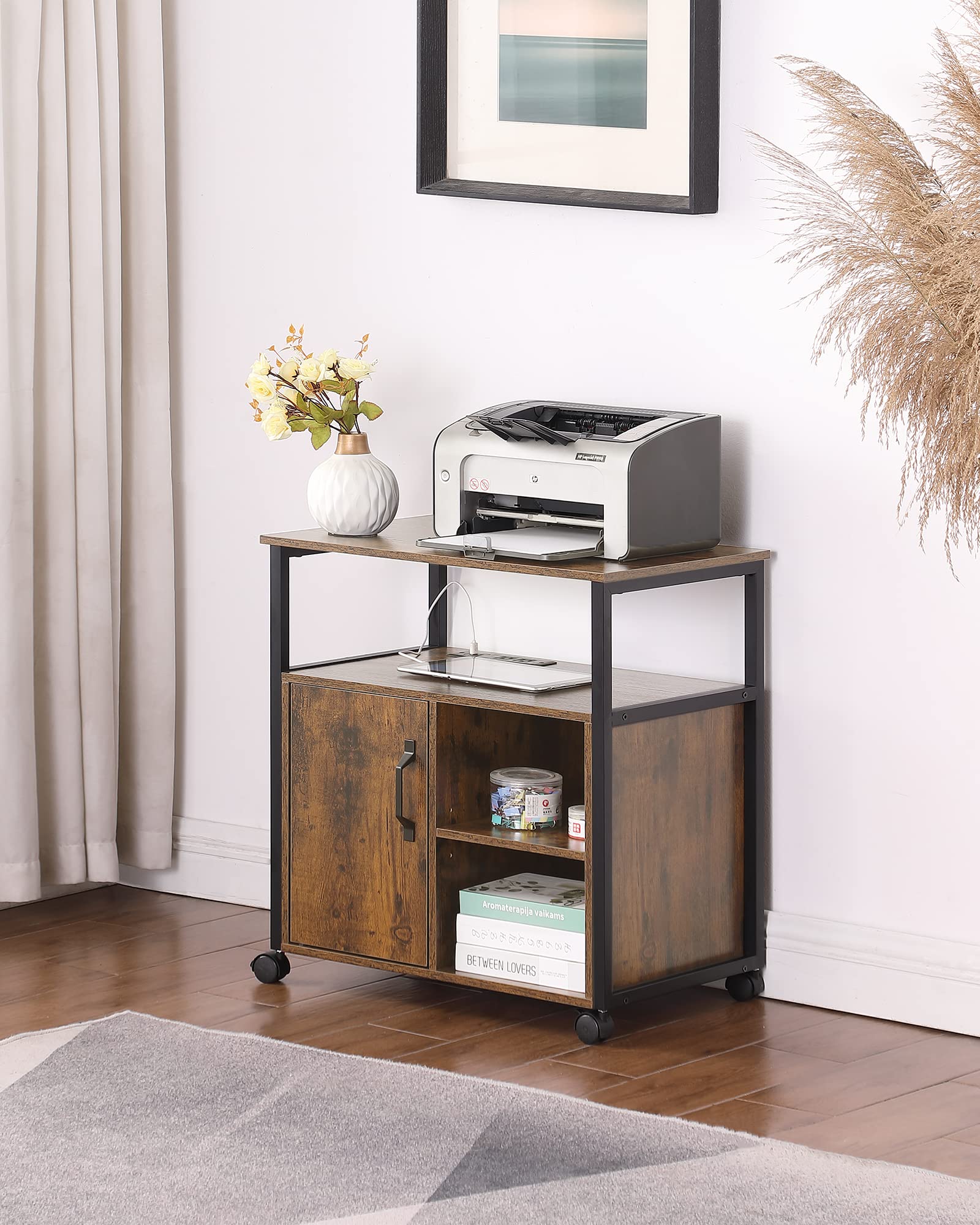 Kavonty Lateral File Cabinet,Office Filing Cabinets with Socket and USB Charging Port,Modern Rolling Printer Stand with Storage for A4, Letter Size and File Folders,for Home Office, Rustic Brown