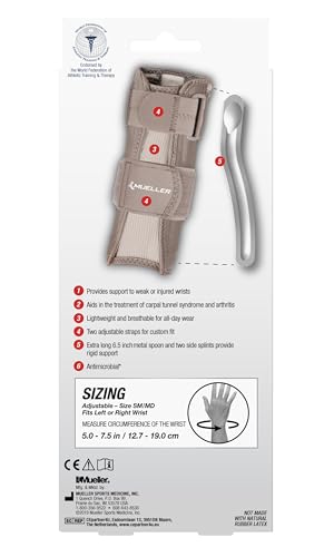 MUELLER Sports Medicine Reversible Wrist Stabilizer with Splint for Men and Women - Compression Wrist Support for Carpal Tunnel, Arthritis, Tendinitis Relief, Taupe, Small/Medium