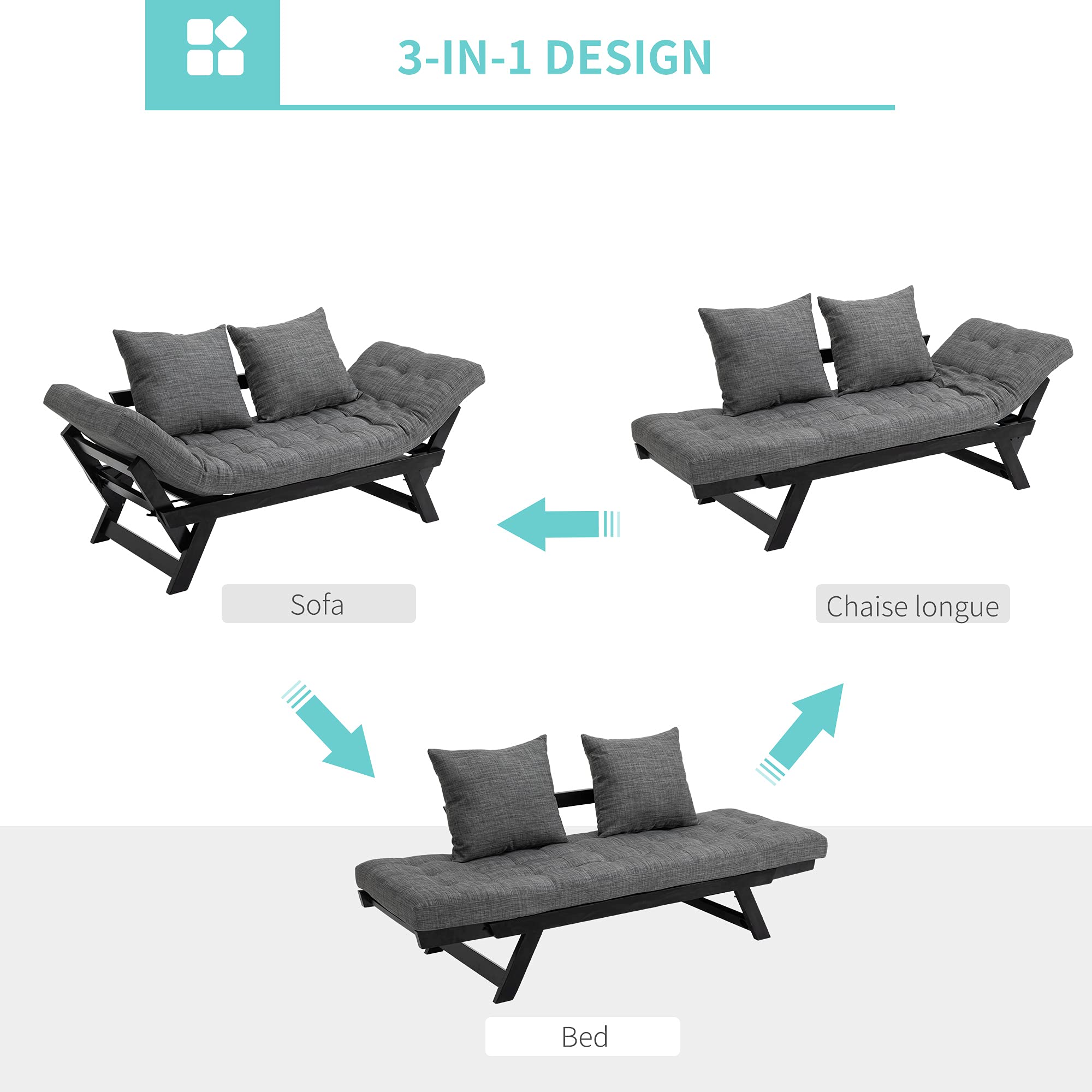 HOMCOM Single Person 3 Position Convertible Chaise Lounger Sofa Bed with 2 Large Pillows and Oak Frame, Light Gray