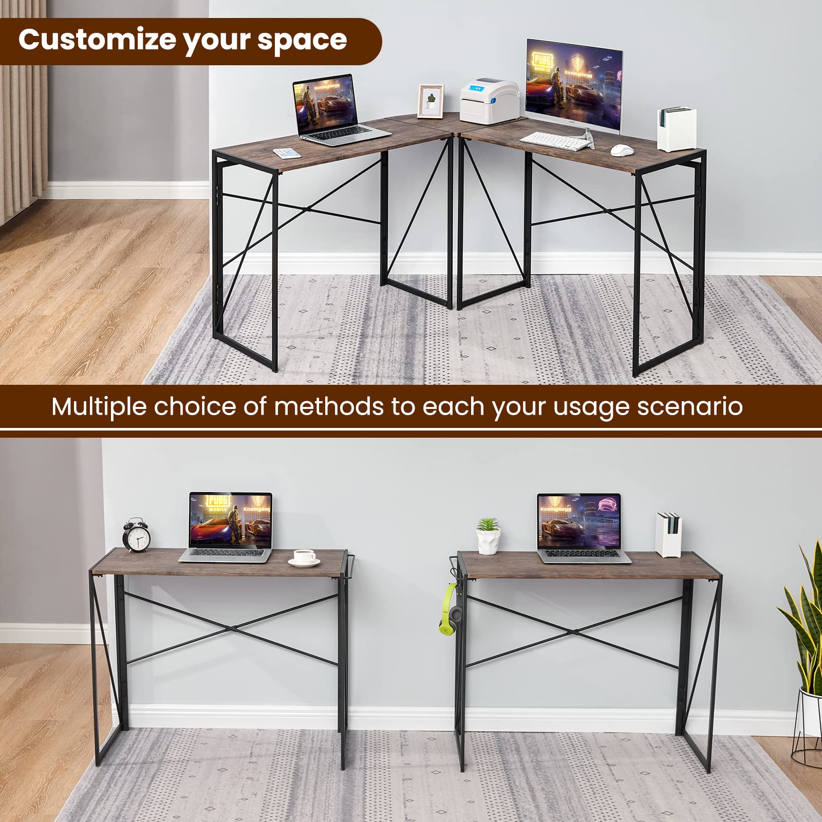 L Shaped Desk Folding Gaming Desk Corner Computer Desk Home Office Workstation PC Writing Table with Large Desk Top, Space-Saving, No Need to Assemble, Brown