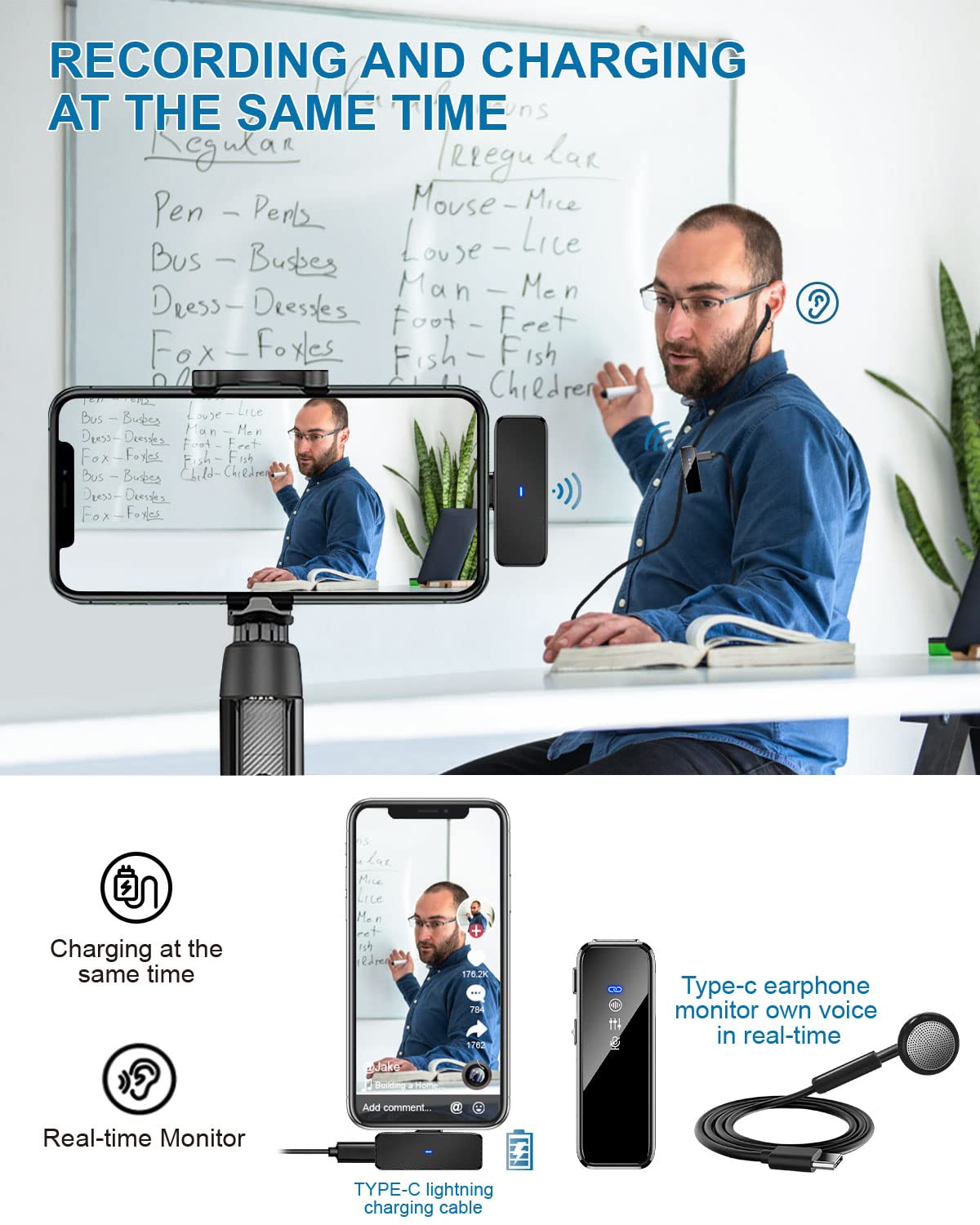 LungSank Professional Wireless Lavalier Microphone for iPhone, Mini Microphone Auto Sync, 2.4GHz Plug-Play Lapel Mic for Recording TikTok YouTube Live Stream