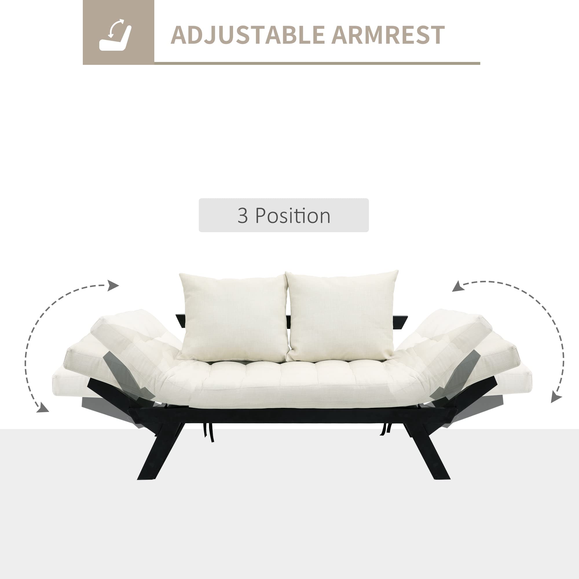 HOMCOM Single Person 3 Position Convertible Chaise Lounger Sofa Bed with 2 Large Pillows and Oak Frame, Cream White