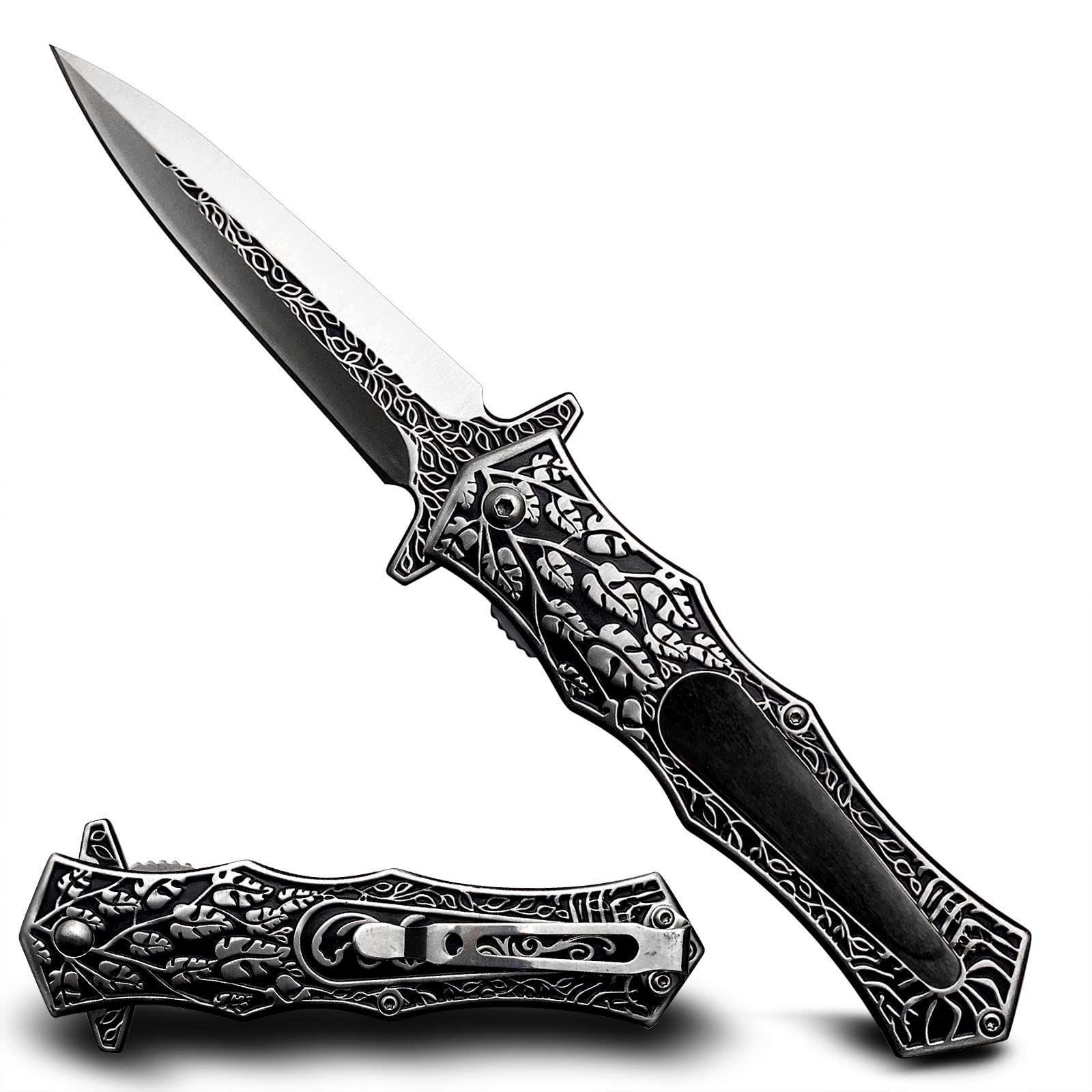NAXFUSS Camping Tactical Japanese Pocket Knife with Leaf Patterned Wooden Handle and Clip - 8.9" EDC Hunting Survival Folding Knife with Clip, Unique Gifts for Men