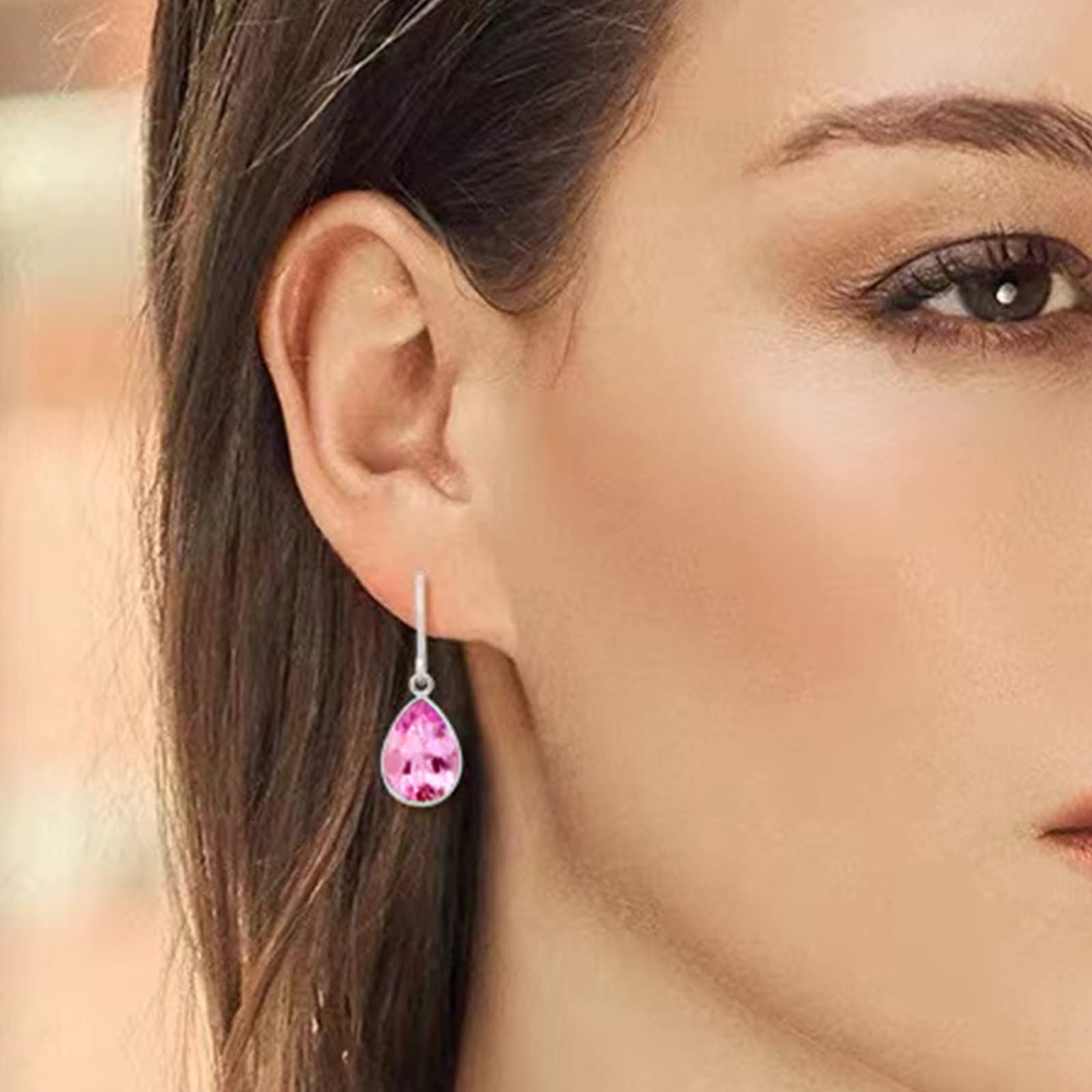 Pink Dangle Earrings for Women, 925 Sterling Silver White Gold Plated Austrian Pink Crystal Drop Earrings