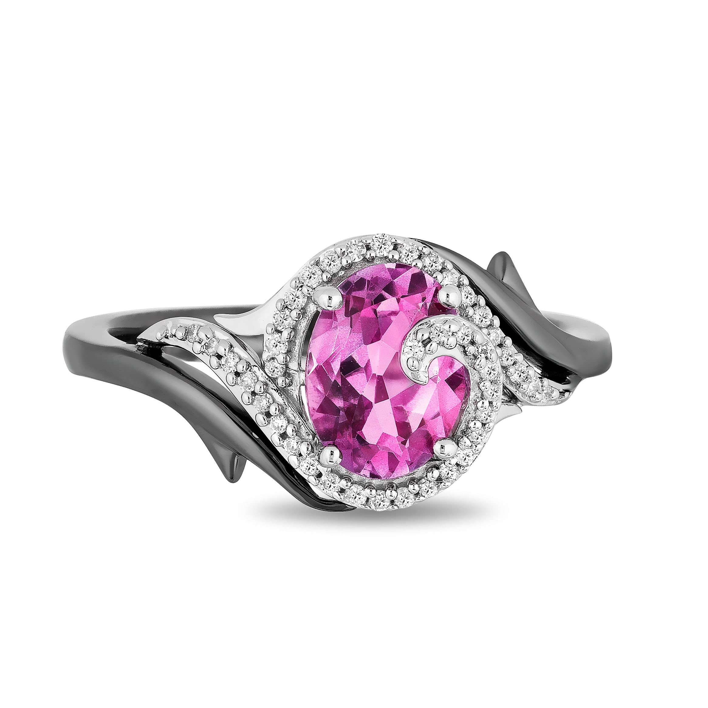 Jewelili Enchanted Disney Fine Jewelry Sterling Silver with Black Rhodium 1/10 CTTW Diamond and Pink Topaz Maleficent Ring Size 9