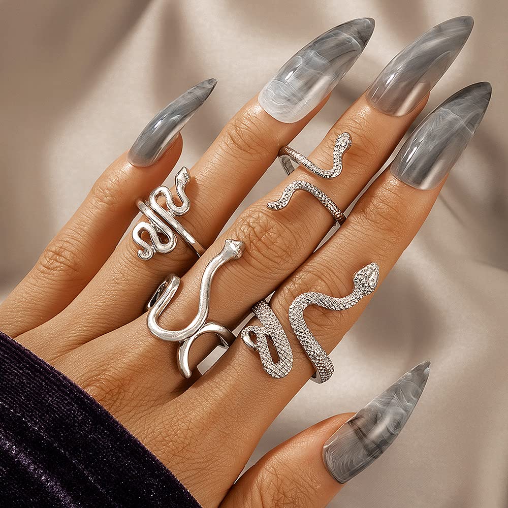 JWICOS 4Pcs Silver Punk Snake Style Stackable Finger Rings for Women Gothic Vintage Open Adjustable Rings Set Gift for Snake Lover Reptile Lover
