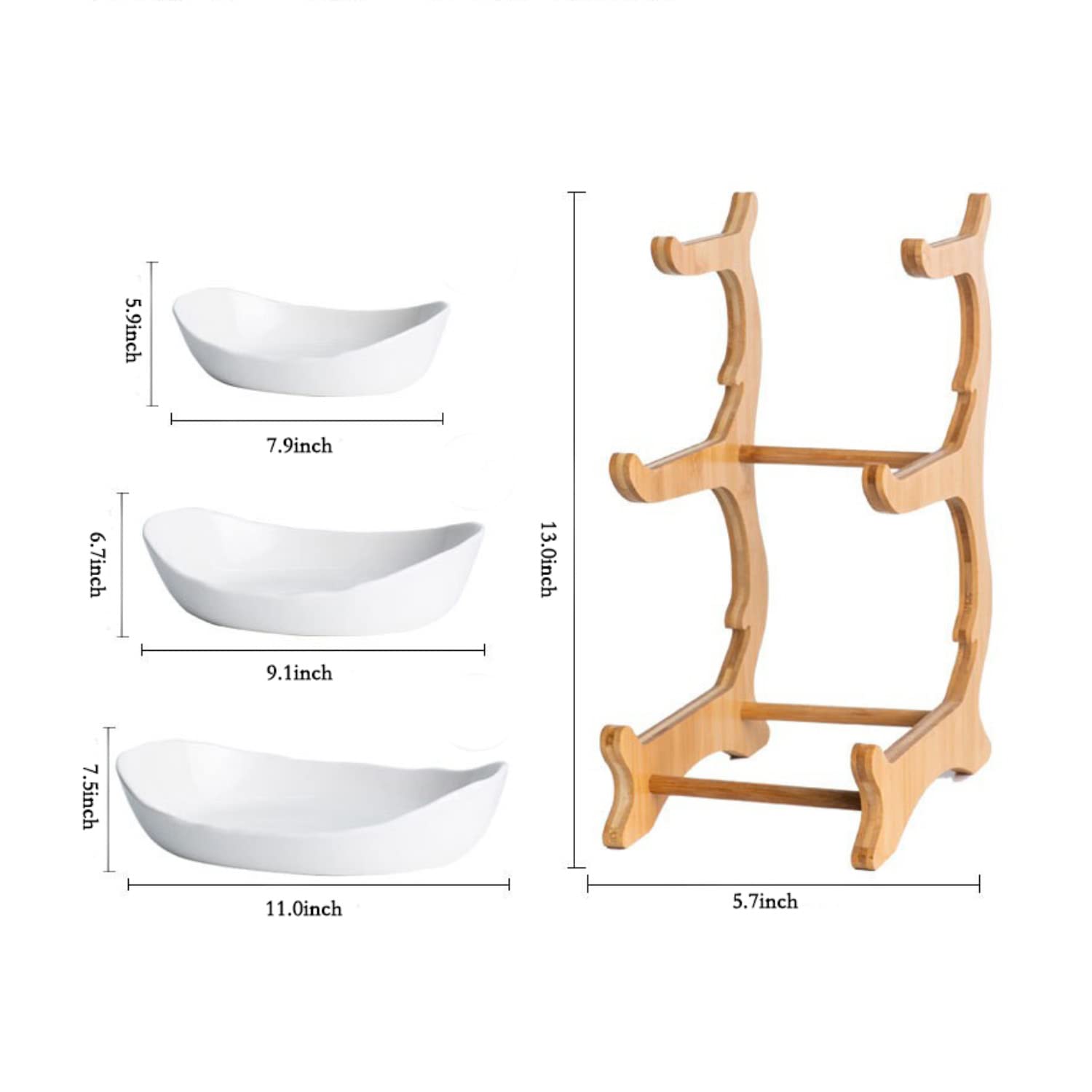 Lacusmall 3 Tier Fruit Basket for Kitchen Ceramic Fruit Bowl With Bamboo Wood Stand for Kitchen Counter, Detachable Serving Tray, Fruit Bowl Set for Kitchen Party