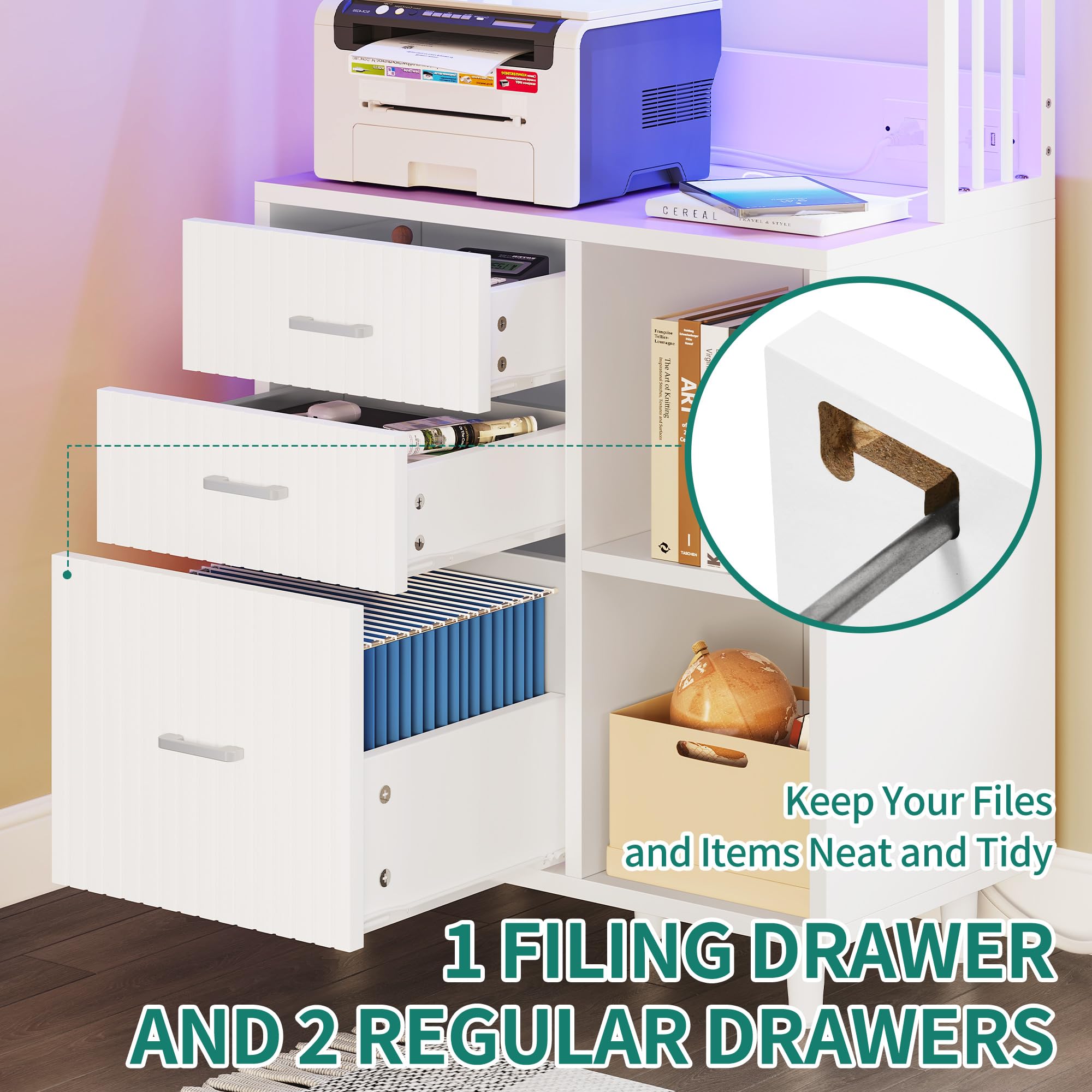 YITAHOME 3 Tier Bookcase, Bookshelf with Lighting, File Cabinet with Charging Station, 3 Drawer Wood Filing Cabinet, Printer Stand with Open Storage Shelves for Home Office, White