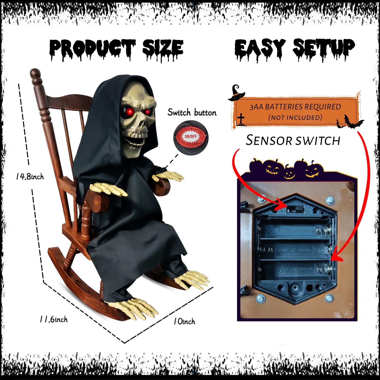YIGORN Screaming Animated Halloween Decorations, Halloween Decor Prop with Motion Sensor, Cary Skeletons Sitting in Rocking Chairs Decorate Haunted Houses, Rocking Chair Grim Reaper