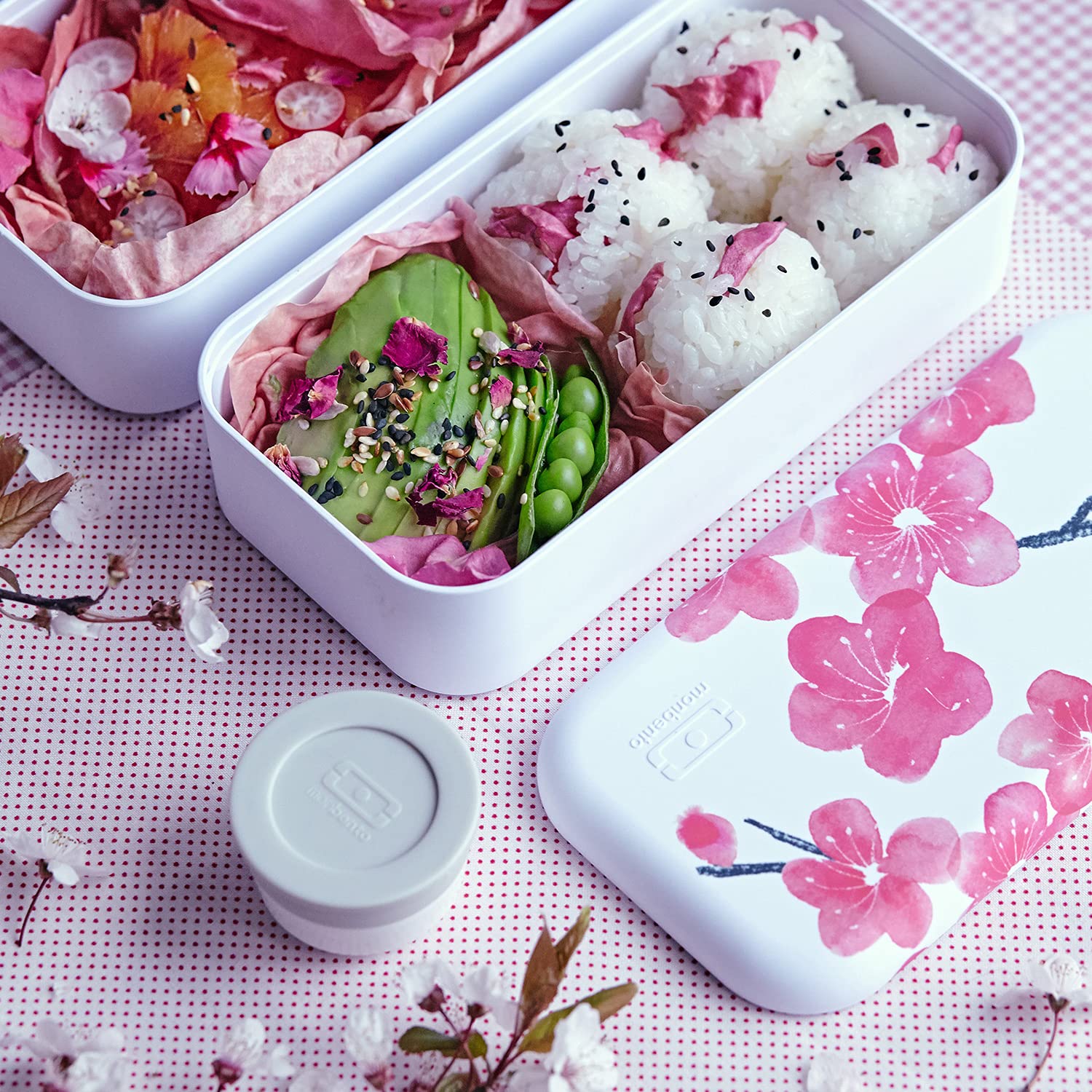 monbento - Bento Box MB Original Blossom with Compartments - 2 Tier Leakproof Lunch Box for Work and Meal Prep - BPA Free - Food Grade Safe - Japanese Flowers - Red & White